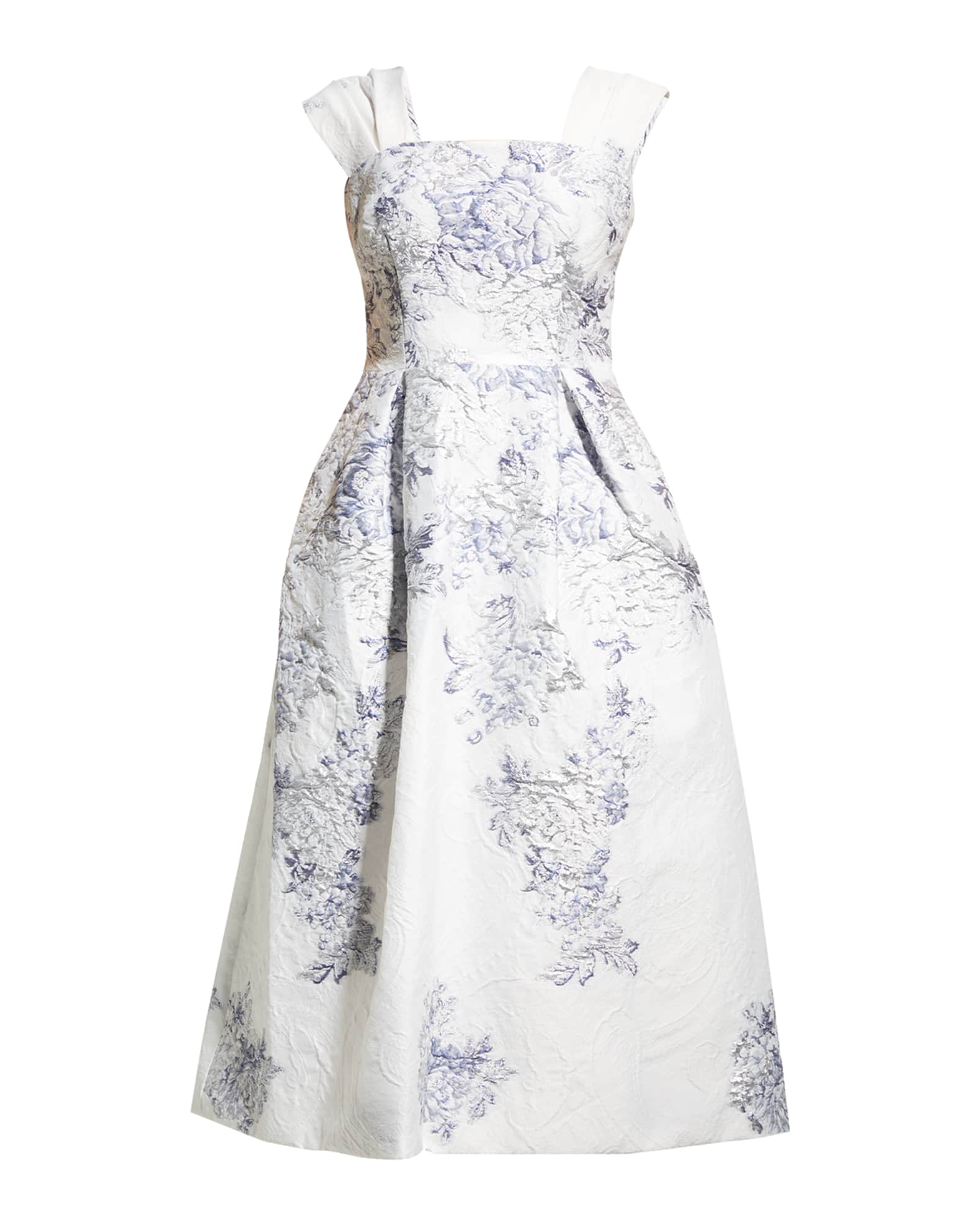 Rickie Freeman for Teri Jon Drape Cap-Sleeve Jacquard Midi Dress ...