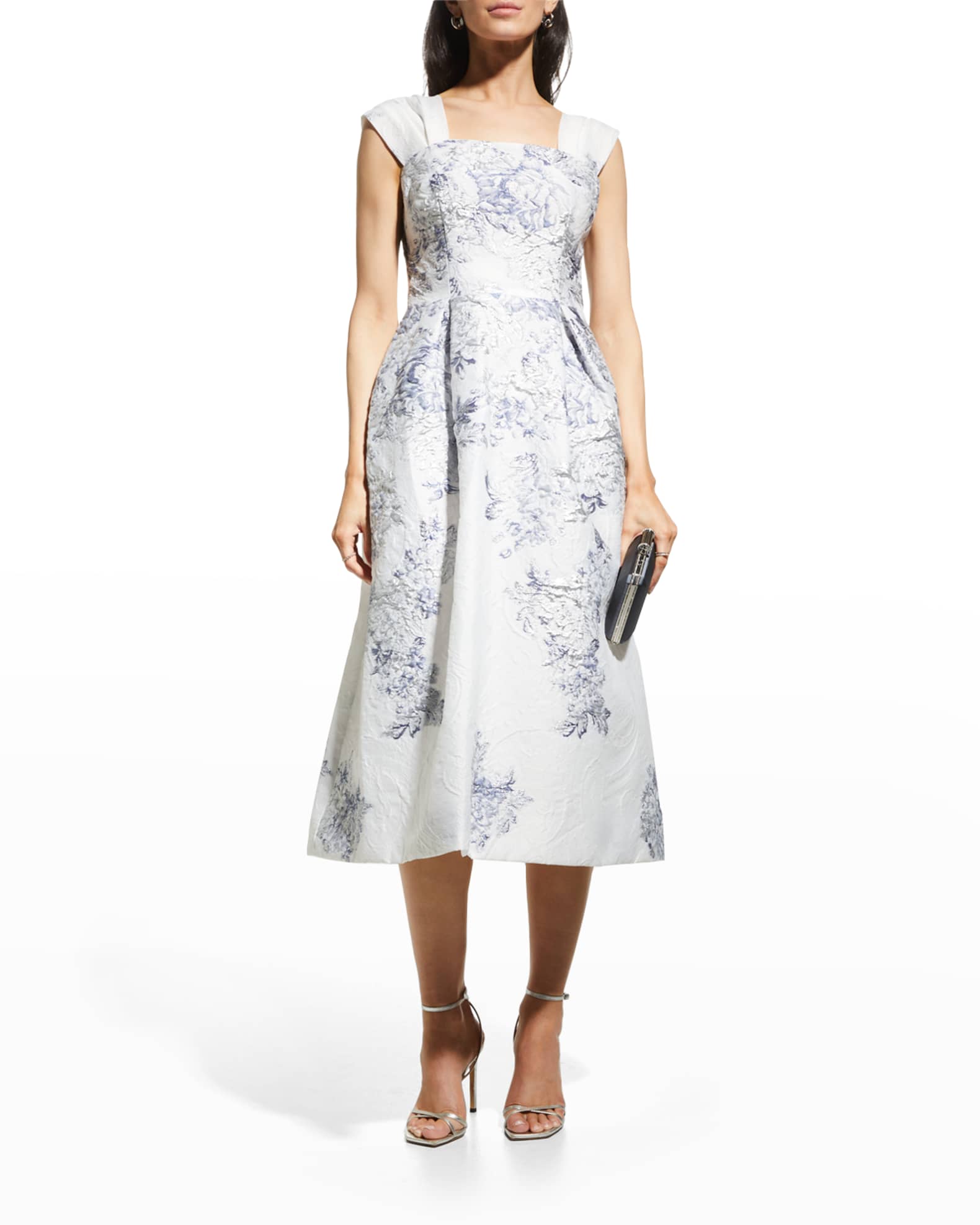 Rickie Freeman for Teri Jon Drape Cap-Sleeve Jacquard Midi Dress ...