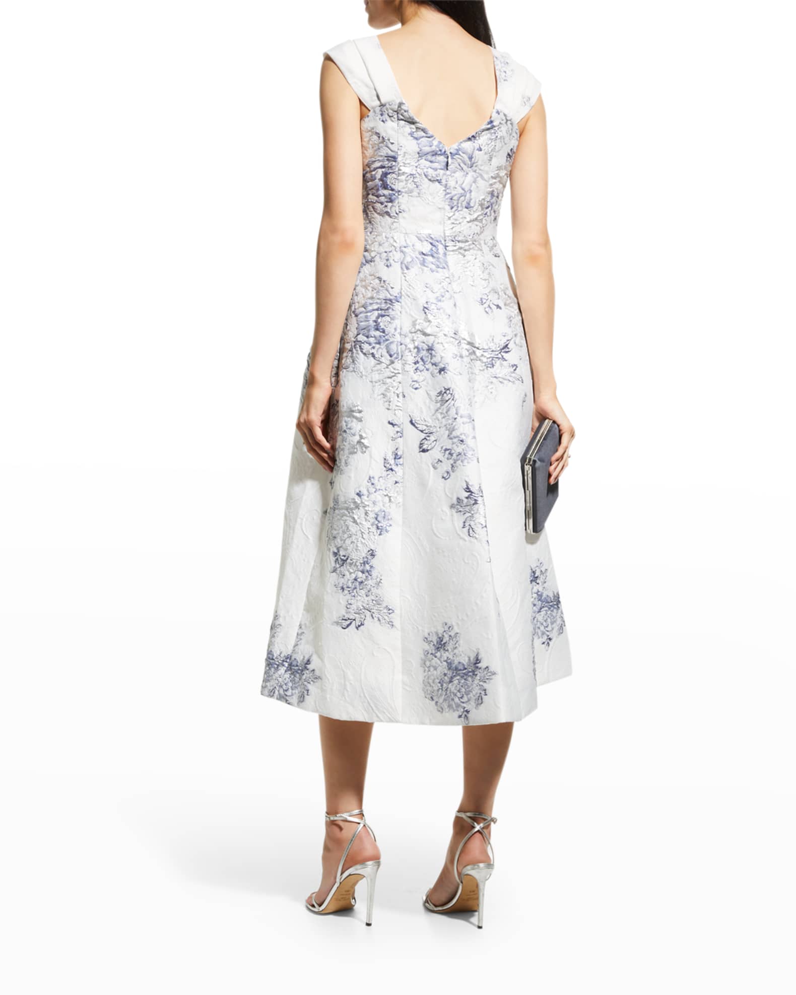 Rickie Freeman for Teri Jon Drape Cap-Sleeve Jacquard Midi Dress ...
