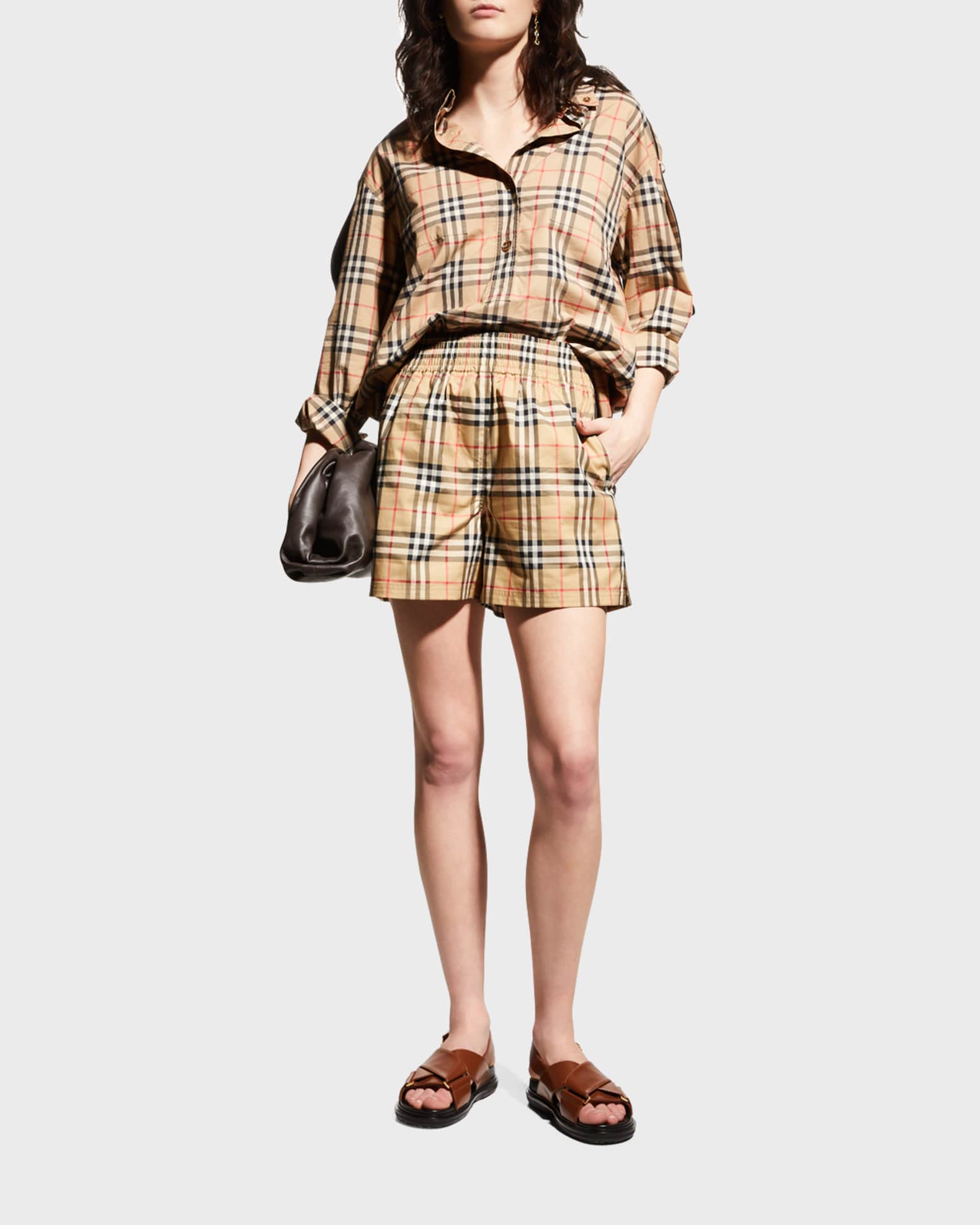 Burberry Audrey Side-Stripes Check Shorts | Neiman Marcus