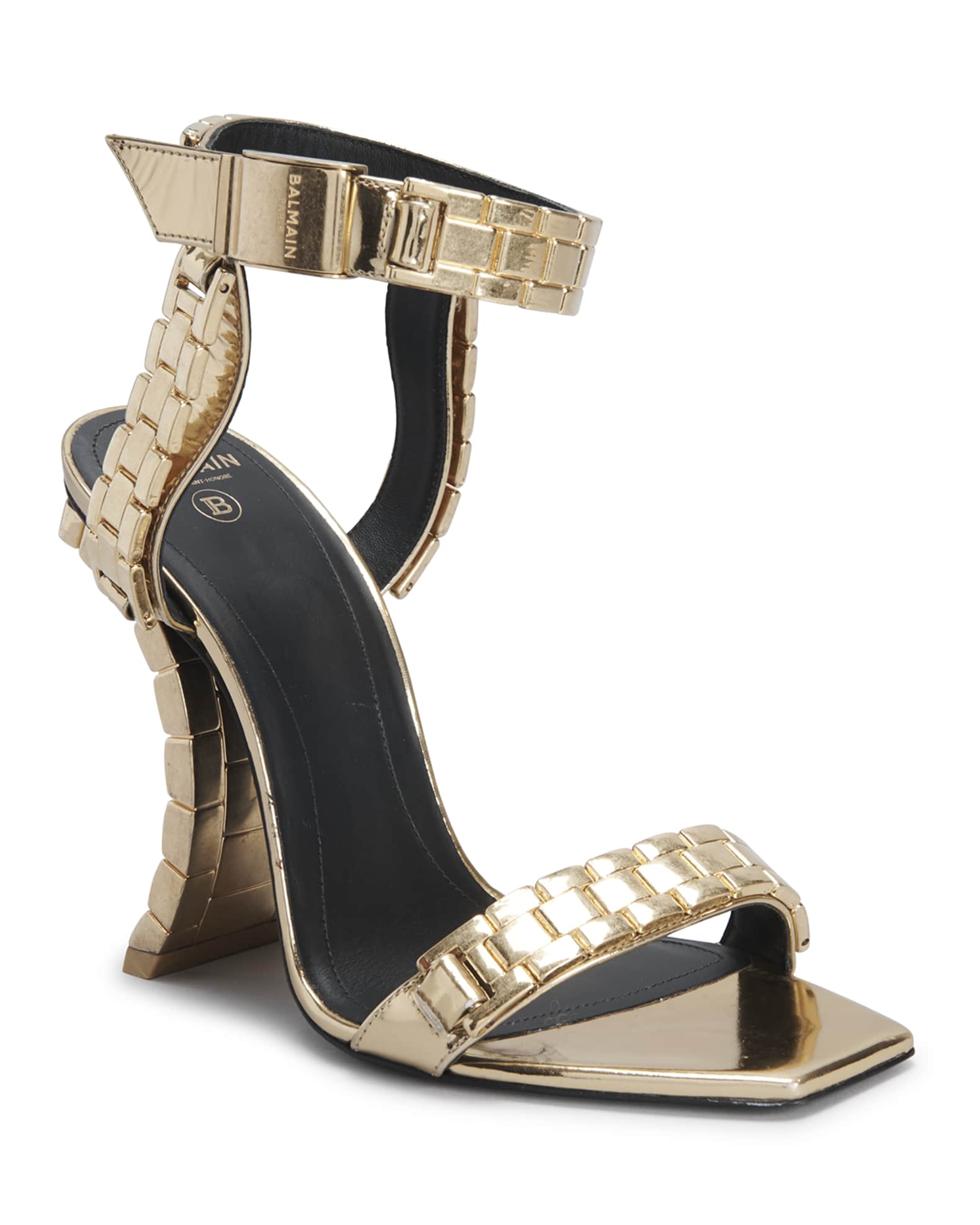 Balmain Ultima Metallic Chain Architectural-Heel Sandals | Neiman Marcus