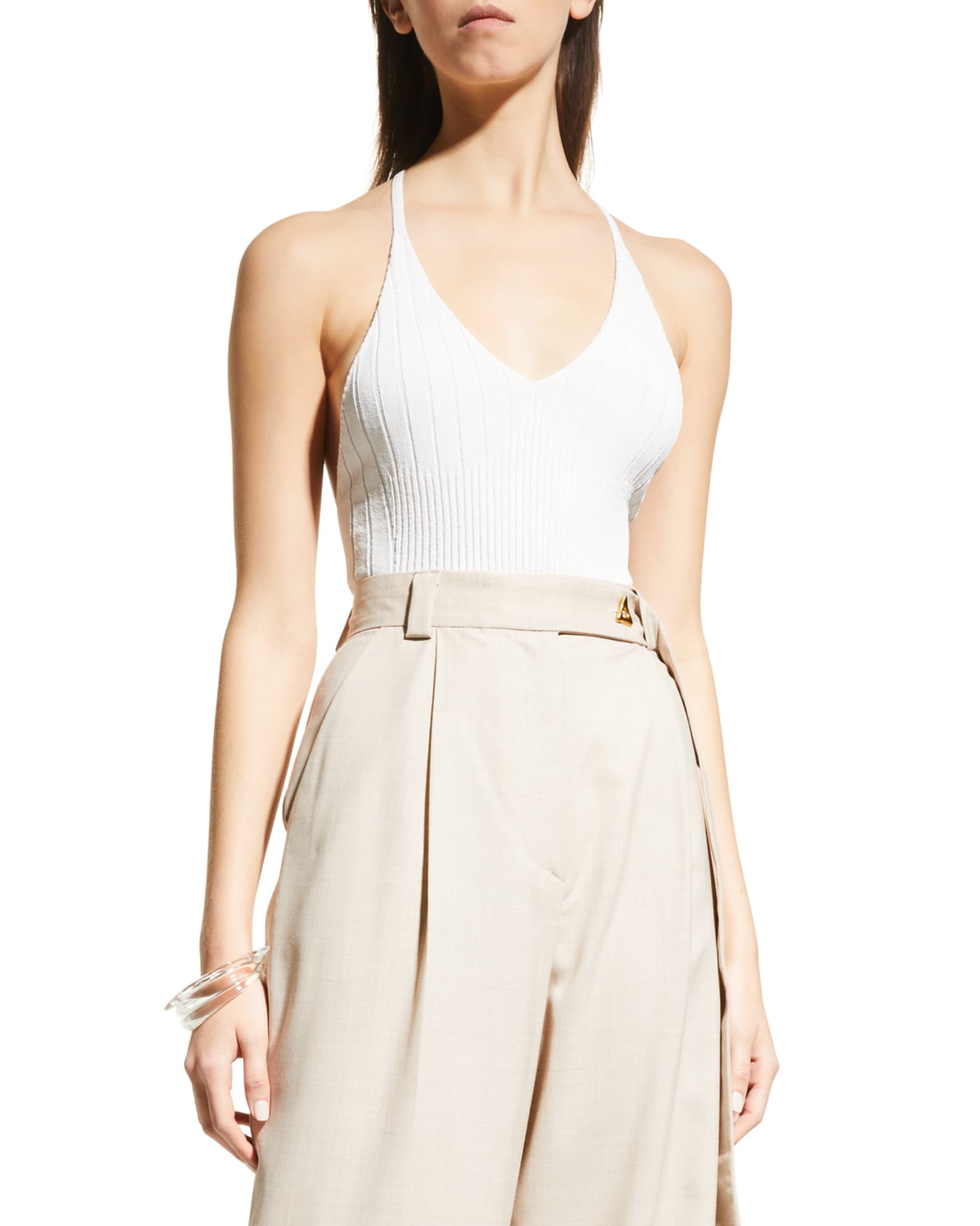 AERON Silver Rib Knit Crisscross Back Bodysuit | Neiman Marcus
