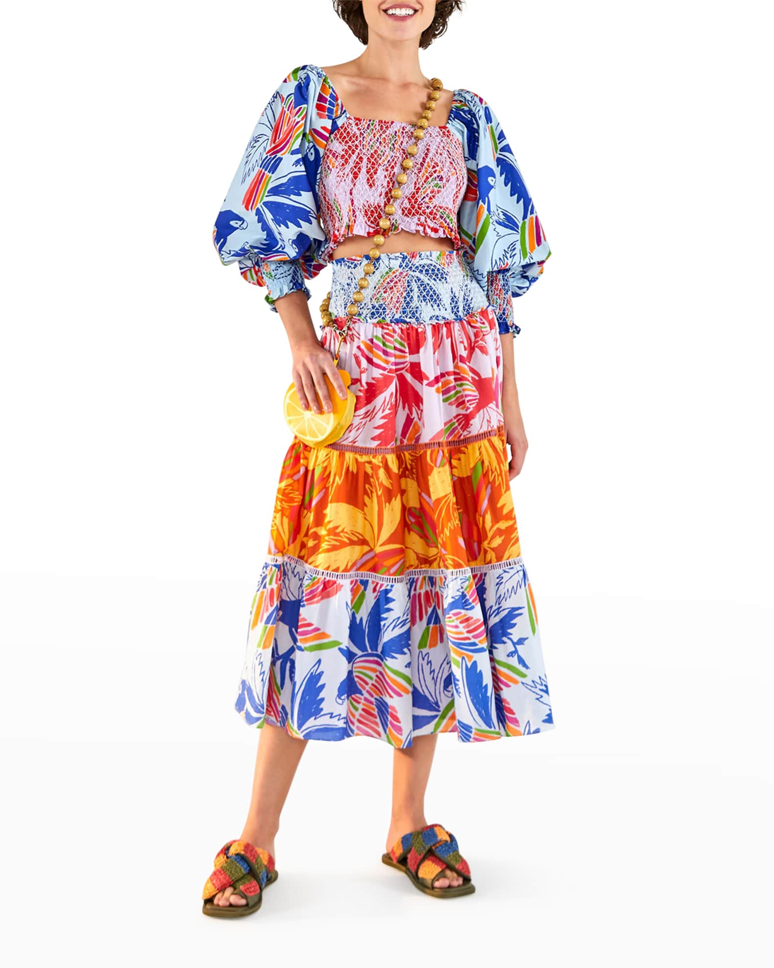 Farm Rio Mixed Birds Puff-Sleeve Smocked Crop Top | Neiman Marcus