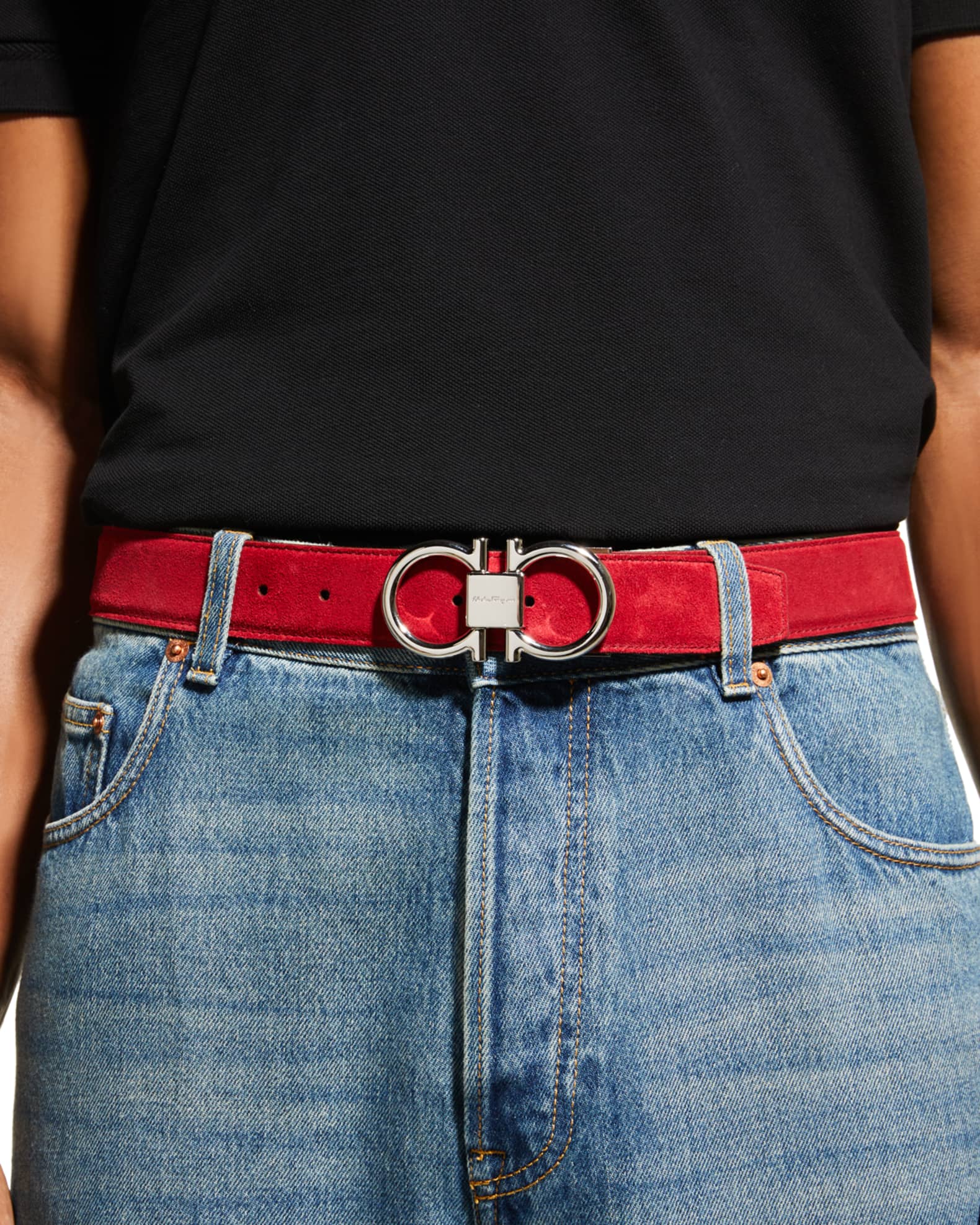 Ferragamo Men's Signature Gancini Suede-Leather Belt | Neiman Marcus