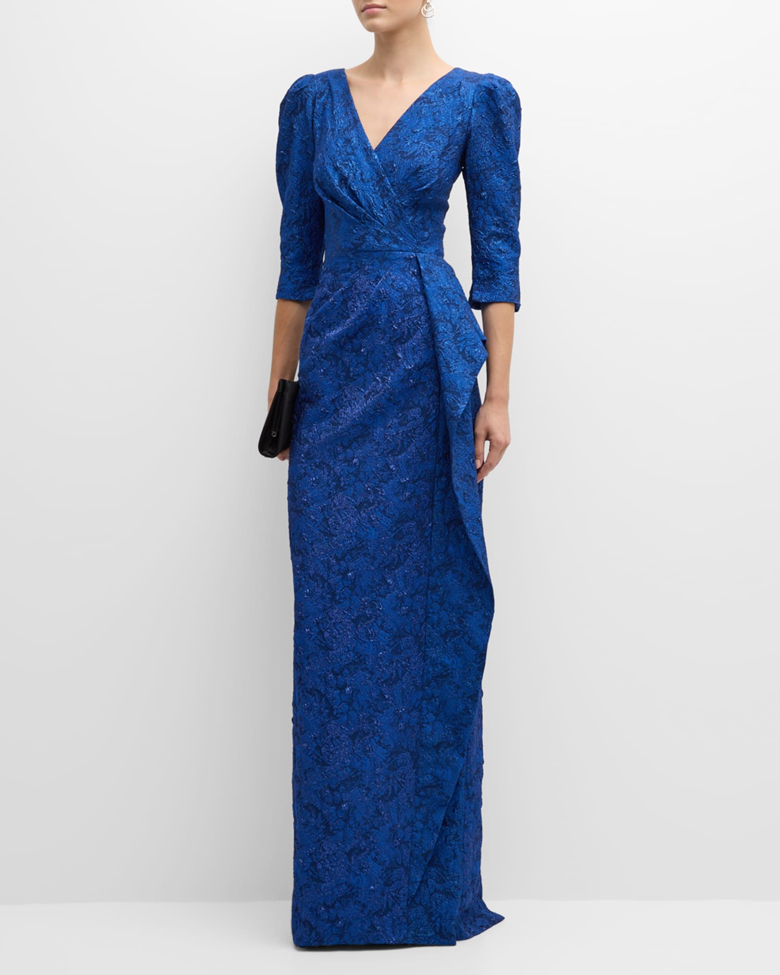 Rickie Freeman for Teri Jon Side-Drape Stretch Metallic Jacquard Gown ...