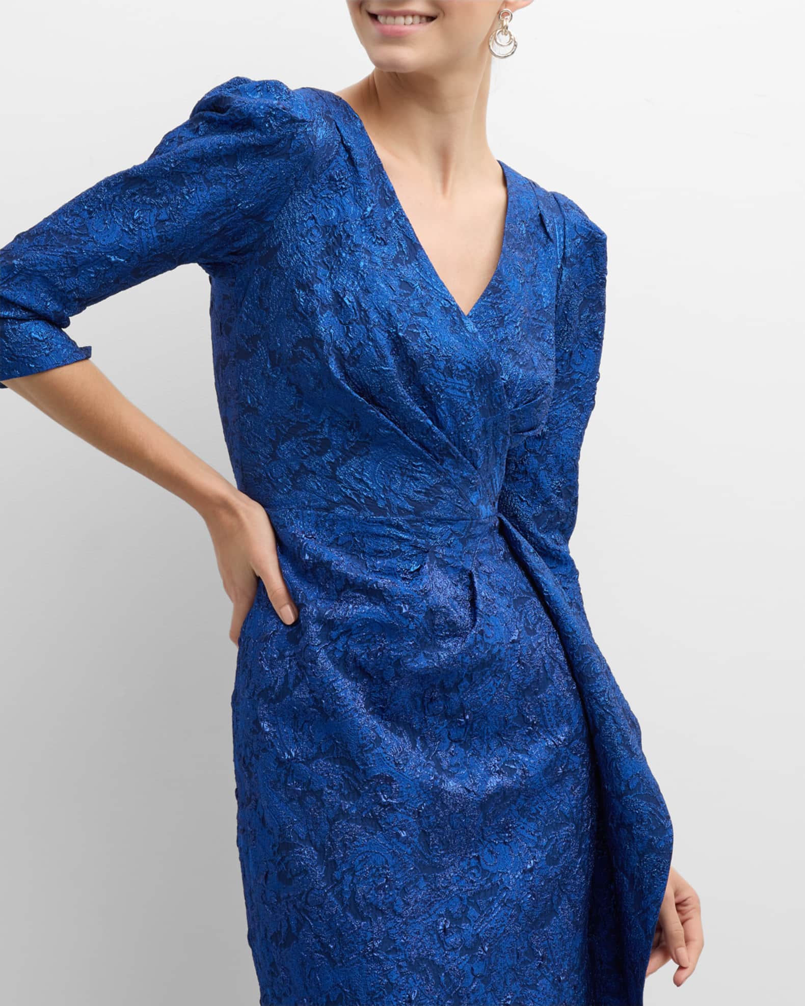 Rickie Freeman for Teri Jon Side-Drape Stretch Metallic Jacquard Gown ...