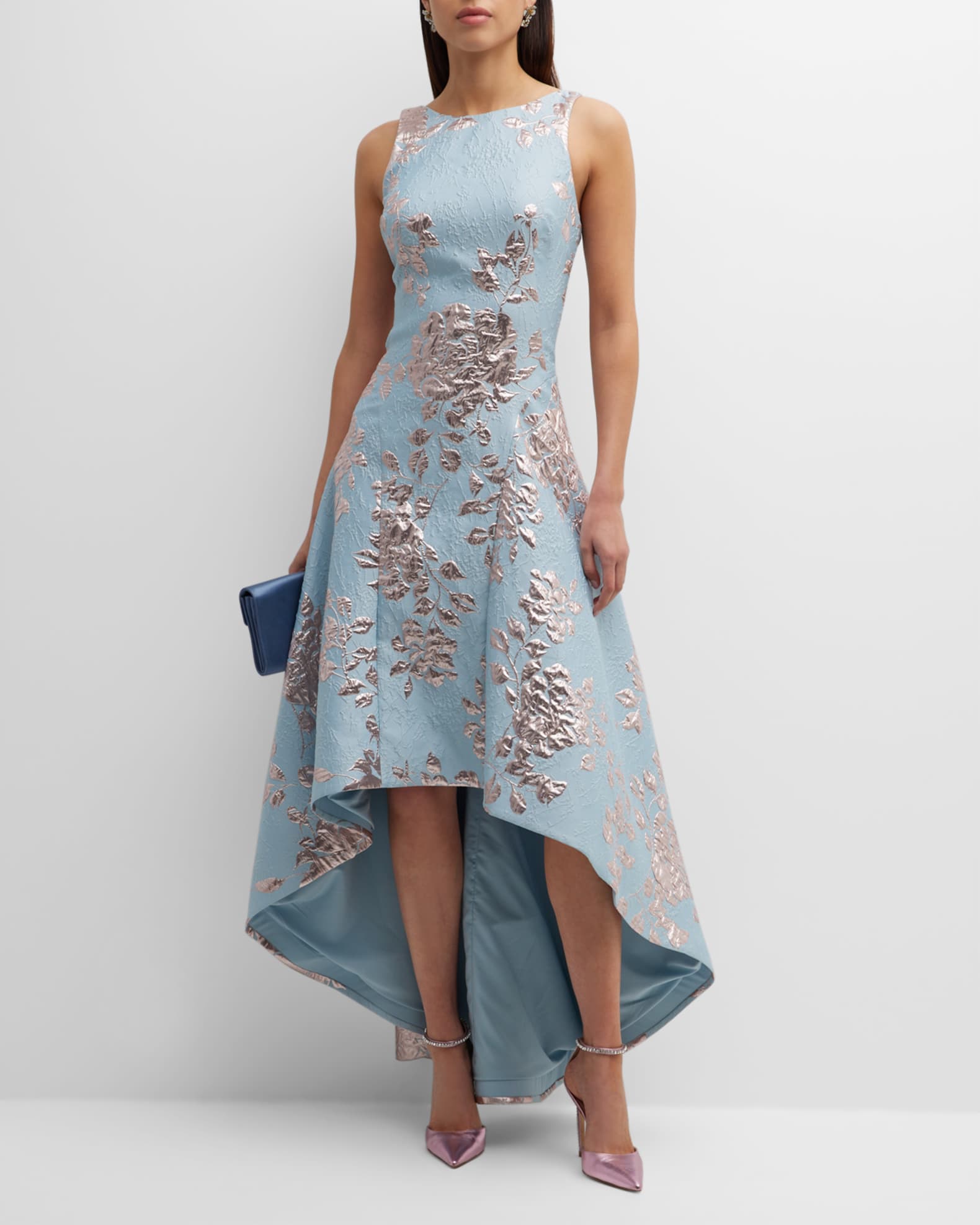 Rickie Freeman for Teri Jon High-Low Metallic Jacquard Gown | Neiman Marcus