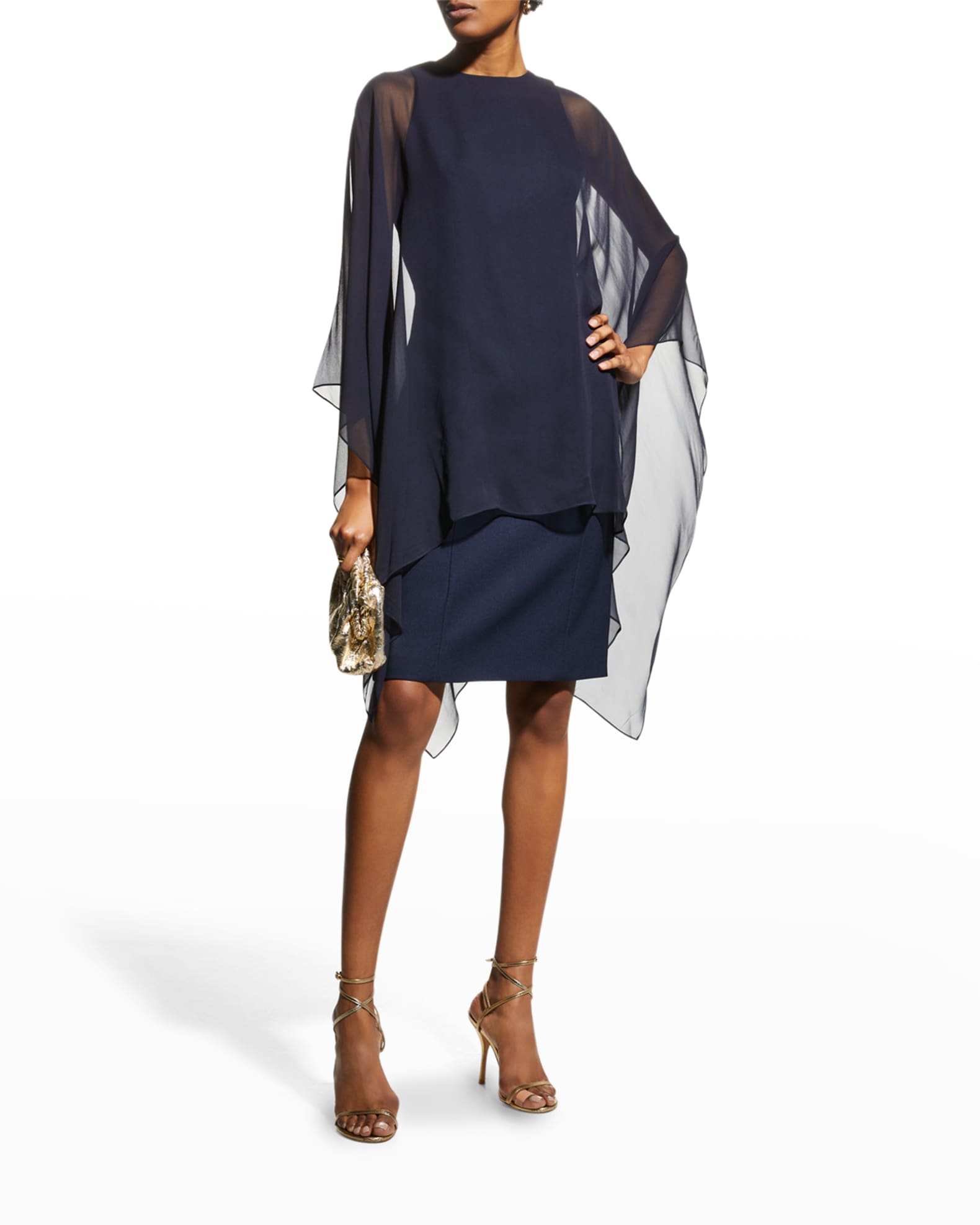 Rickie Freeman for Teri Jon Chiffon Cape Overlay Crepe Sheath Dress | Neiman Marcus