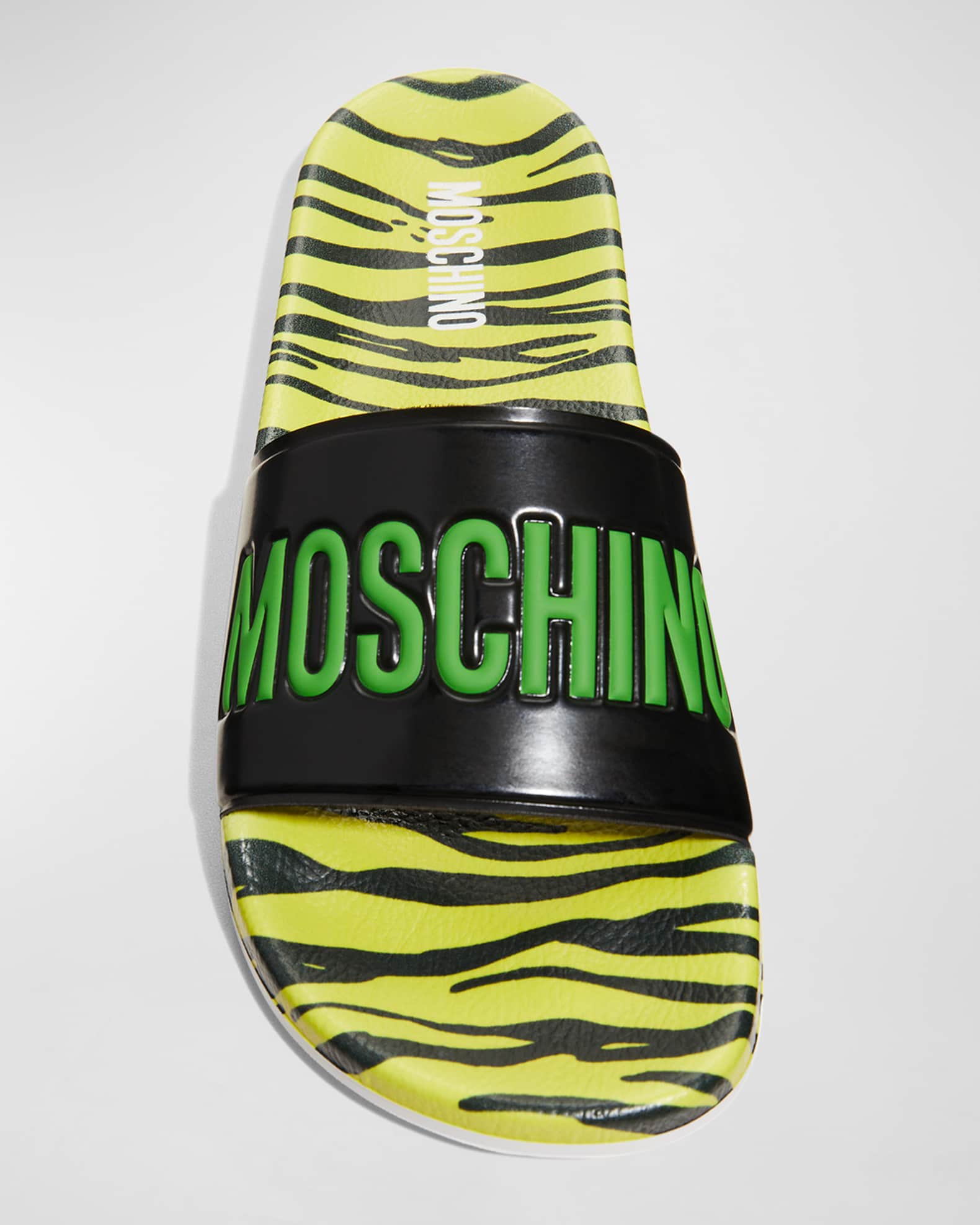 Moschino Men's Tigerstripe Logo Rubber Pool Slides | Neiman Marcus