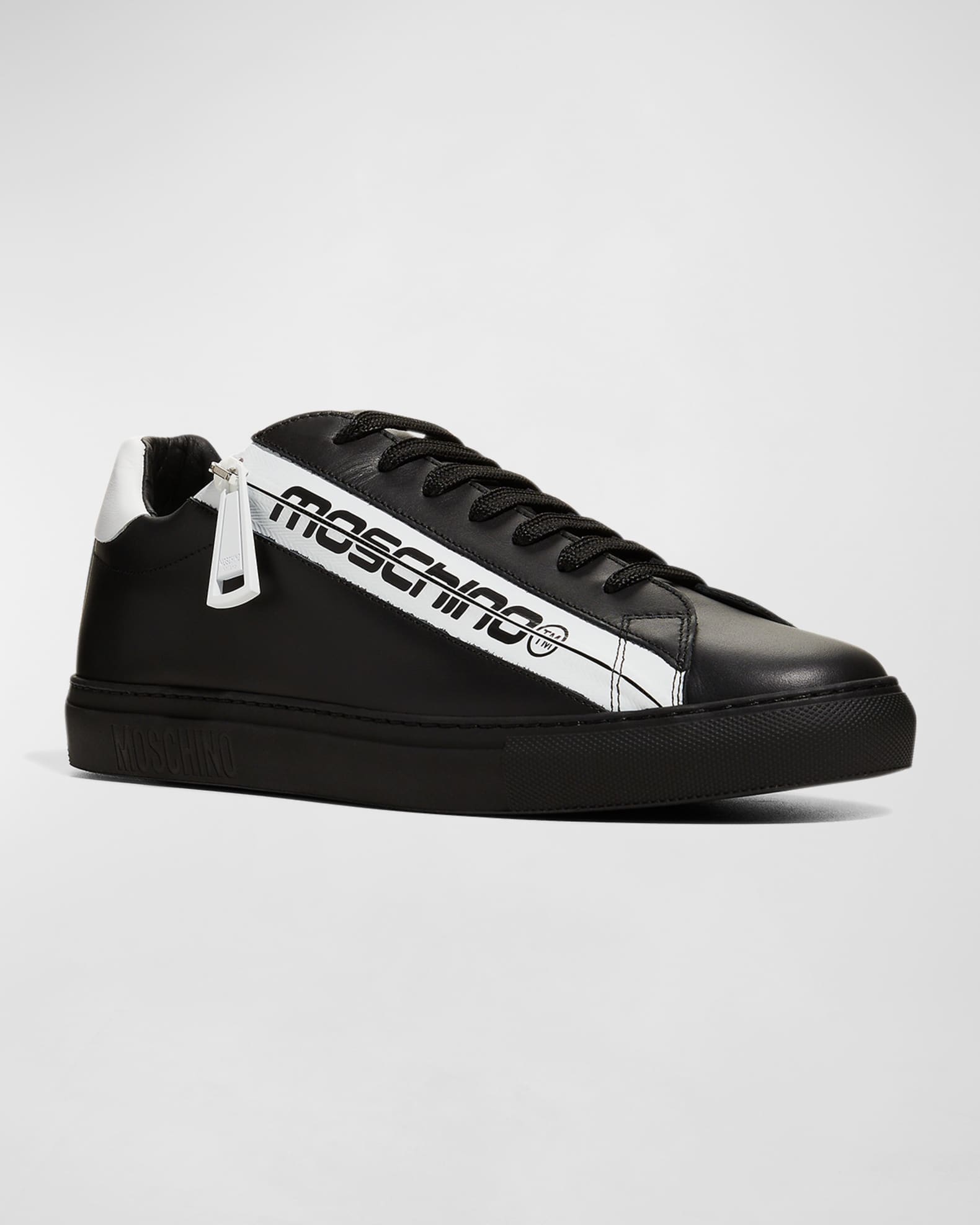 Moschino Men's Leather Logo Zip Low-Top Sneakers | Neiman Marcus