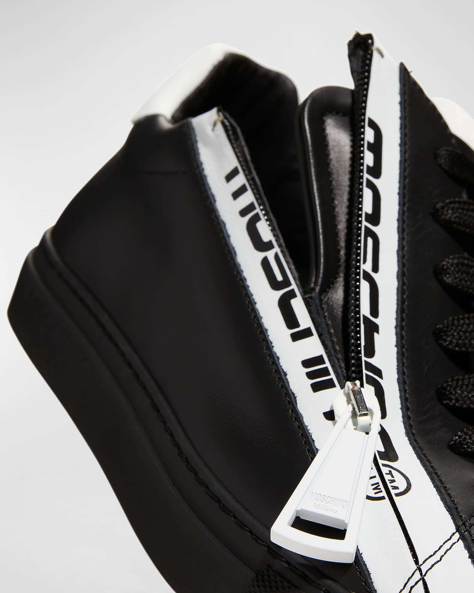 Moschino Men's Leather Logo Zip Low-Top Sneakers | Neiman Marcus