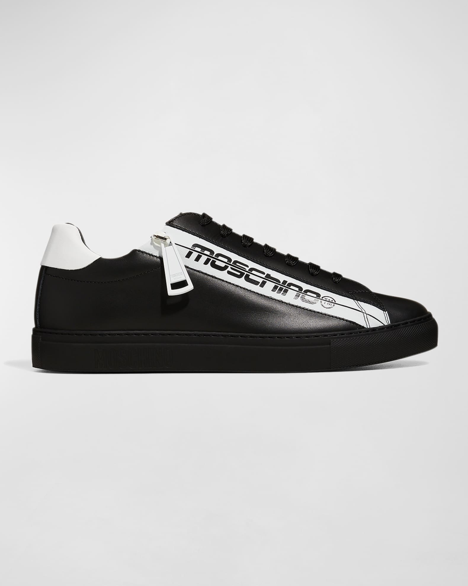 Moschino Men's Leather Logo Zip Low-Top Sneakers | Neiman Marcus