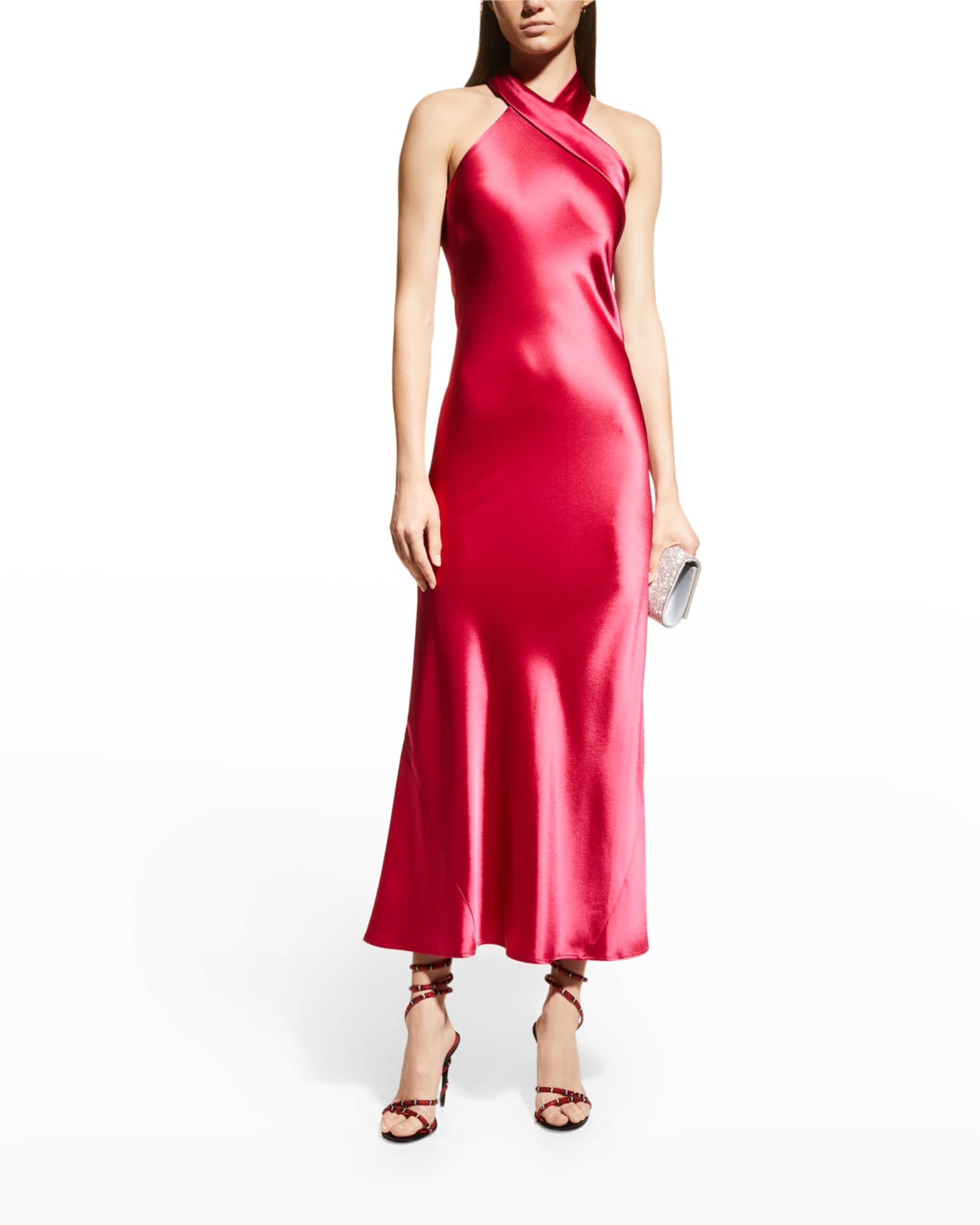 Galvan Pandora Satin Halter Back-Sash Dress | Neiman Marcus
