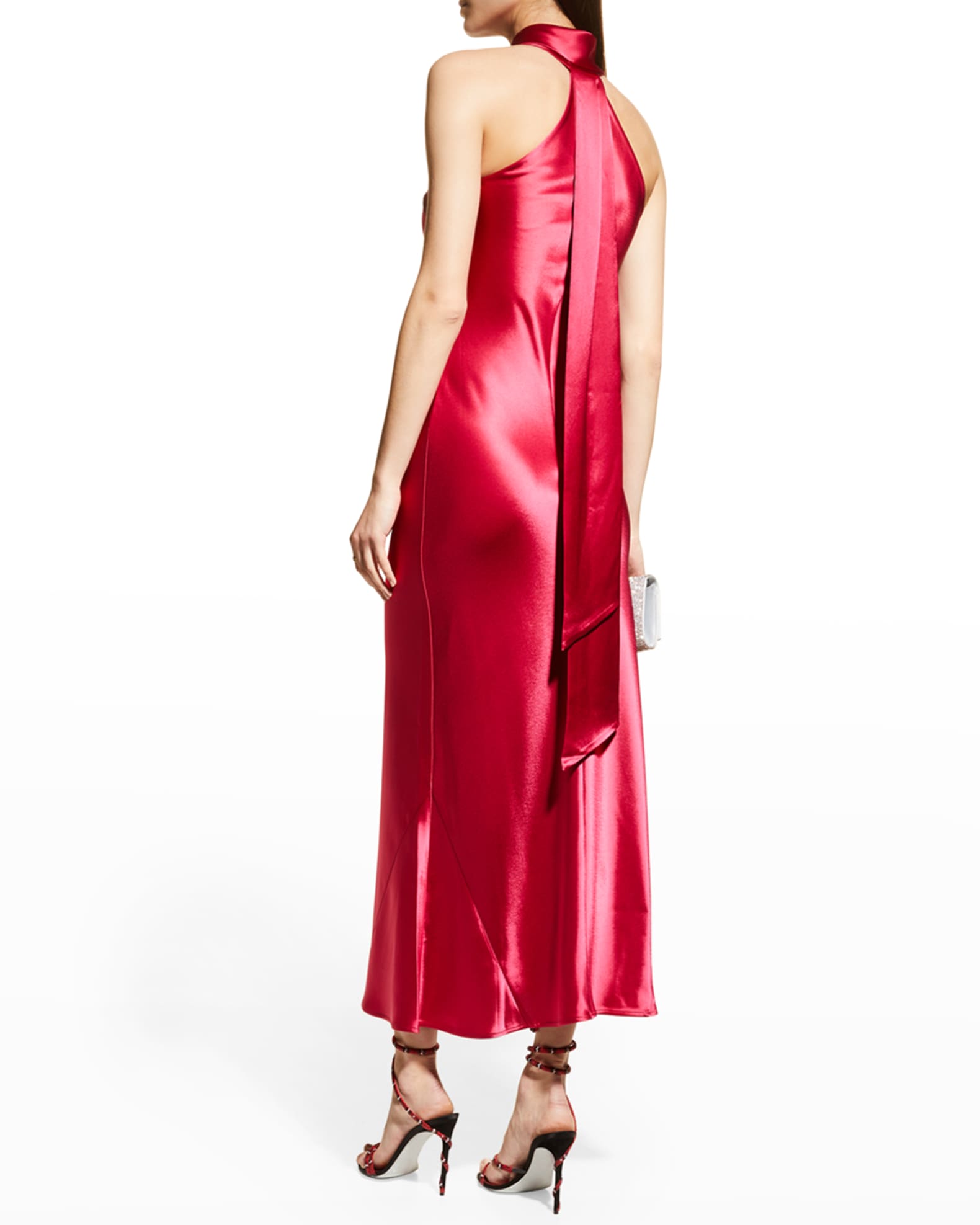 Galvan Pandora Satin Halter Back-Sash Dress | Neiman Marcus