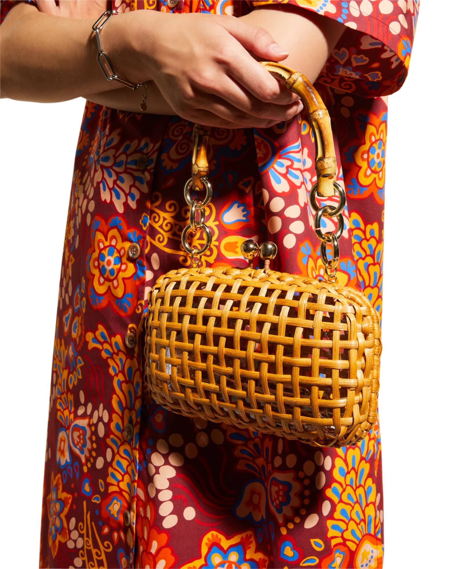 Serpui Rose Checkered Wicker Top-Handle Bag | Neiman Marcus