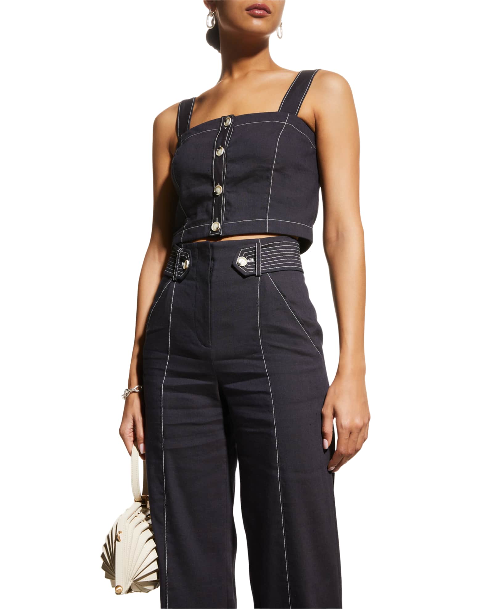 Veronica Beard Tiffany Linen Button-Front Crop Top | Neiman Marcus