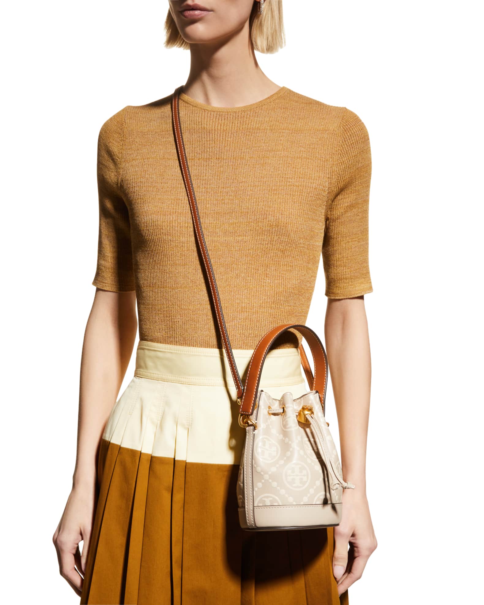 Tory Burch T Monogram Embossed Mini Bucket Bag | Neiman Marcus