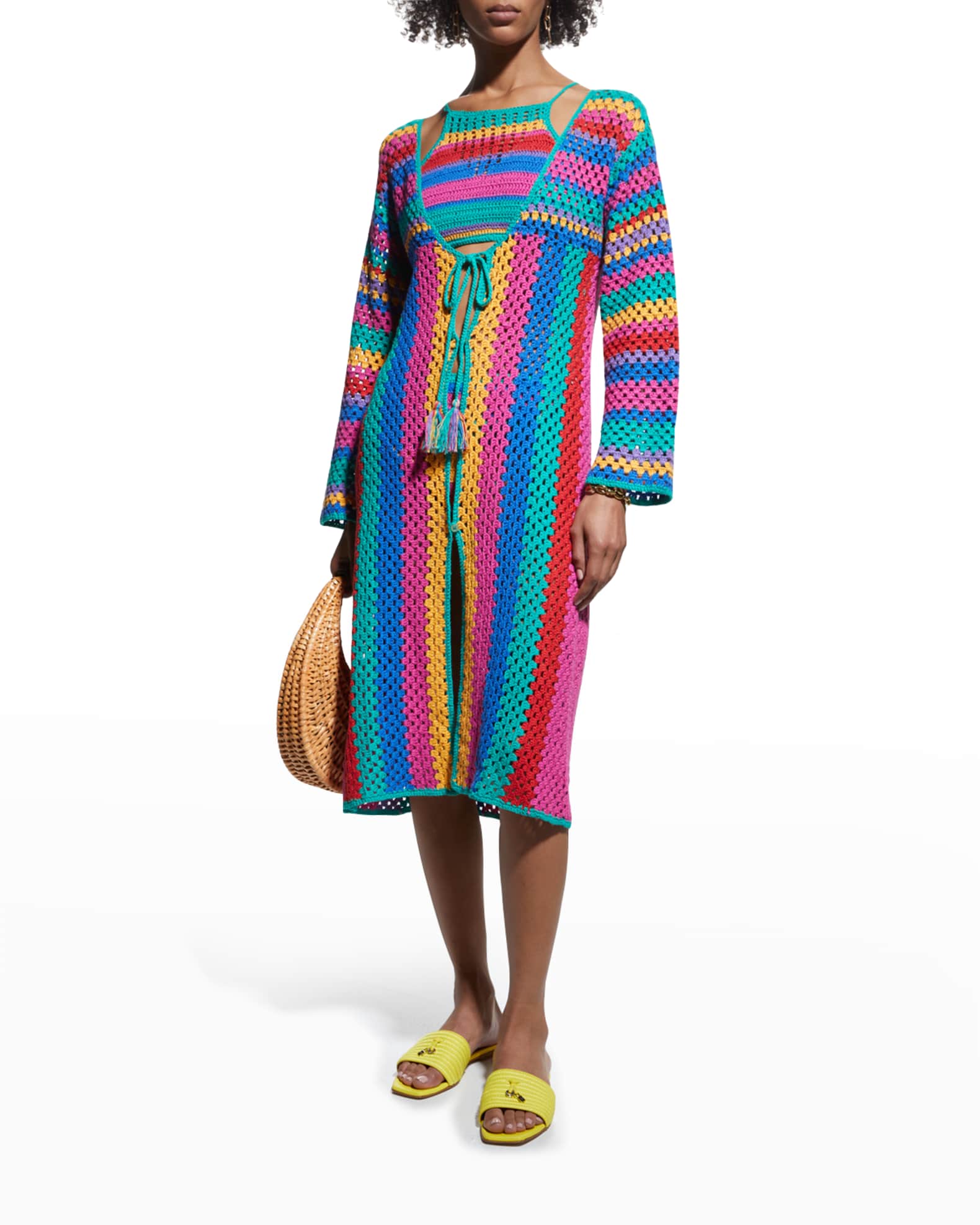Farm Rio Bruna Stripes Crochet Midi Coverup | Neiman Marcus