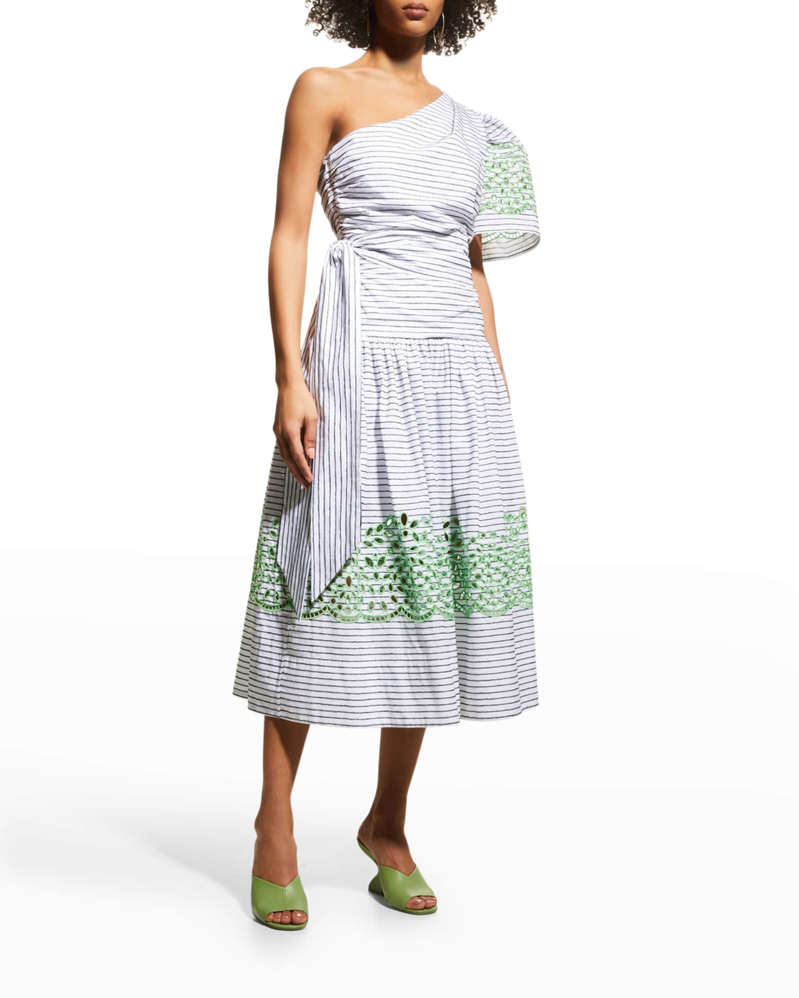 Tanya Taylor Magdalena One-Sleeve Embroidered Midi Dress | Neiman Marcus