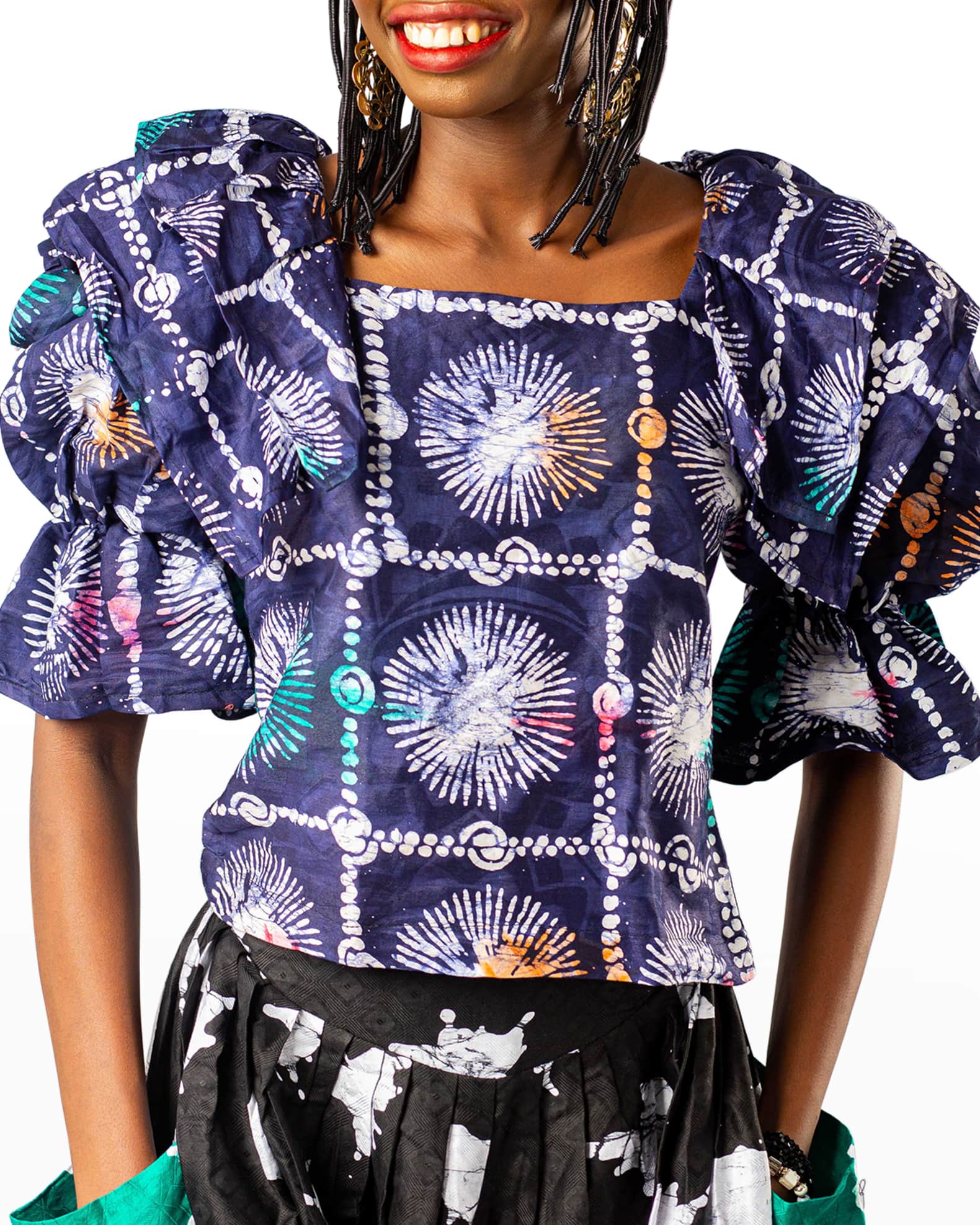 Busayo Sade Tiered Puff-Sleeve Batik Top | Neiman Marcus