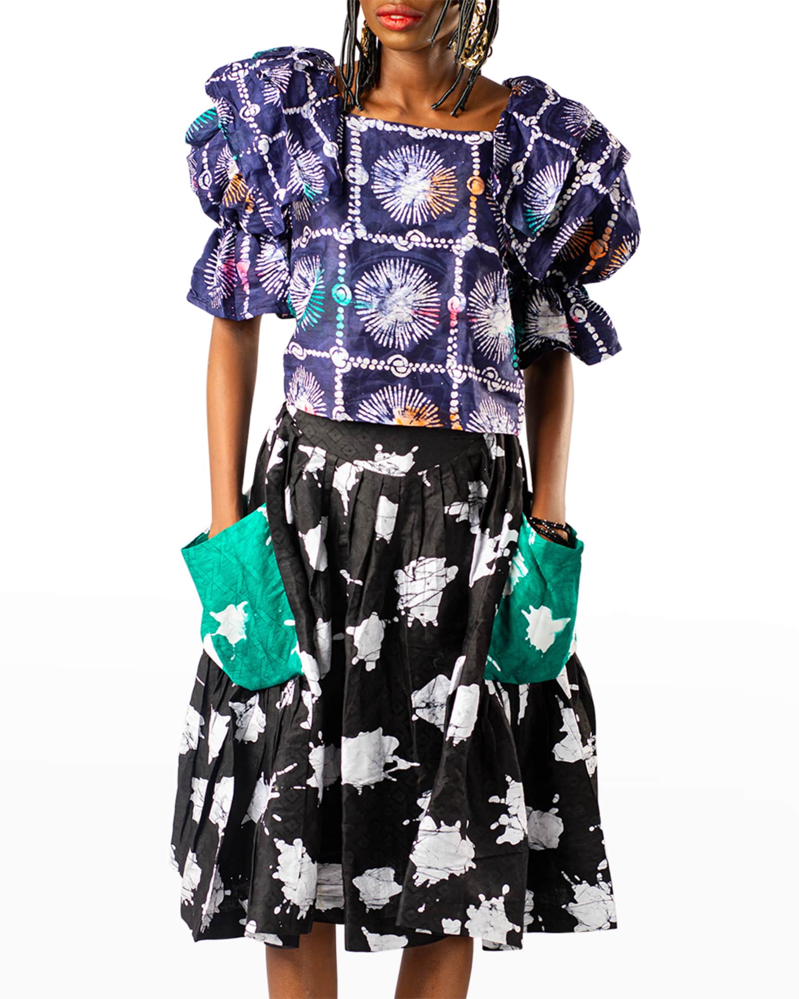 Busayo Sade Tiered Puff-Sleeve Batik Top | Neiman Marcus