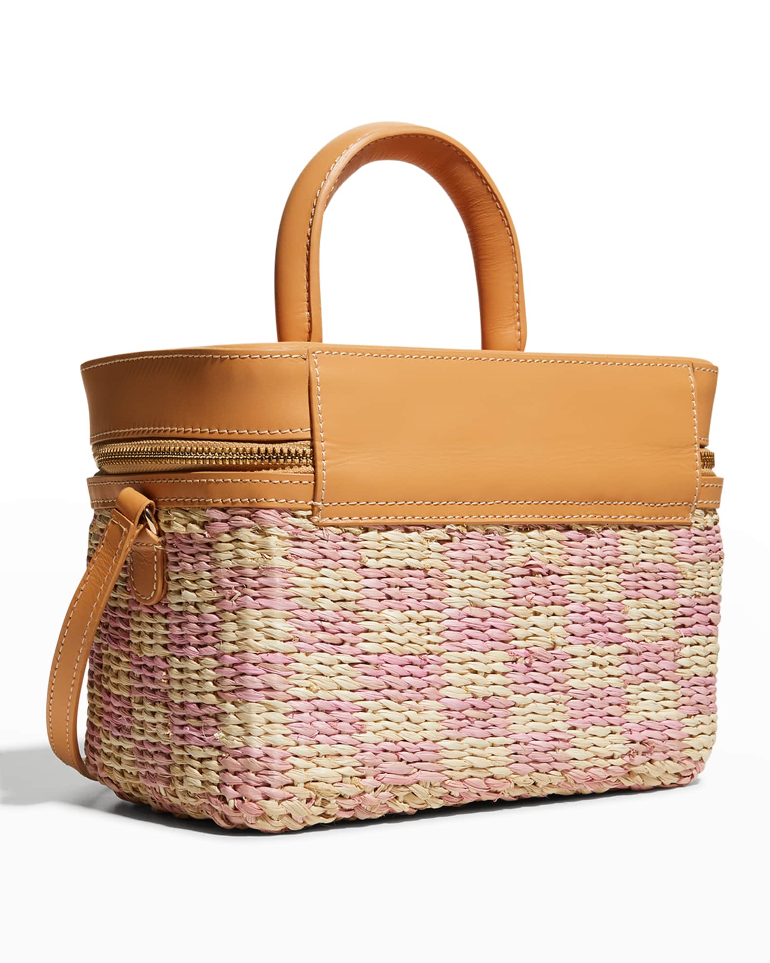 POOLSIDE Tropical Check Trunk Raffia Top-Handle Bag | Neiman Marcus