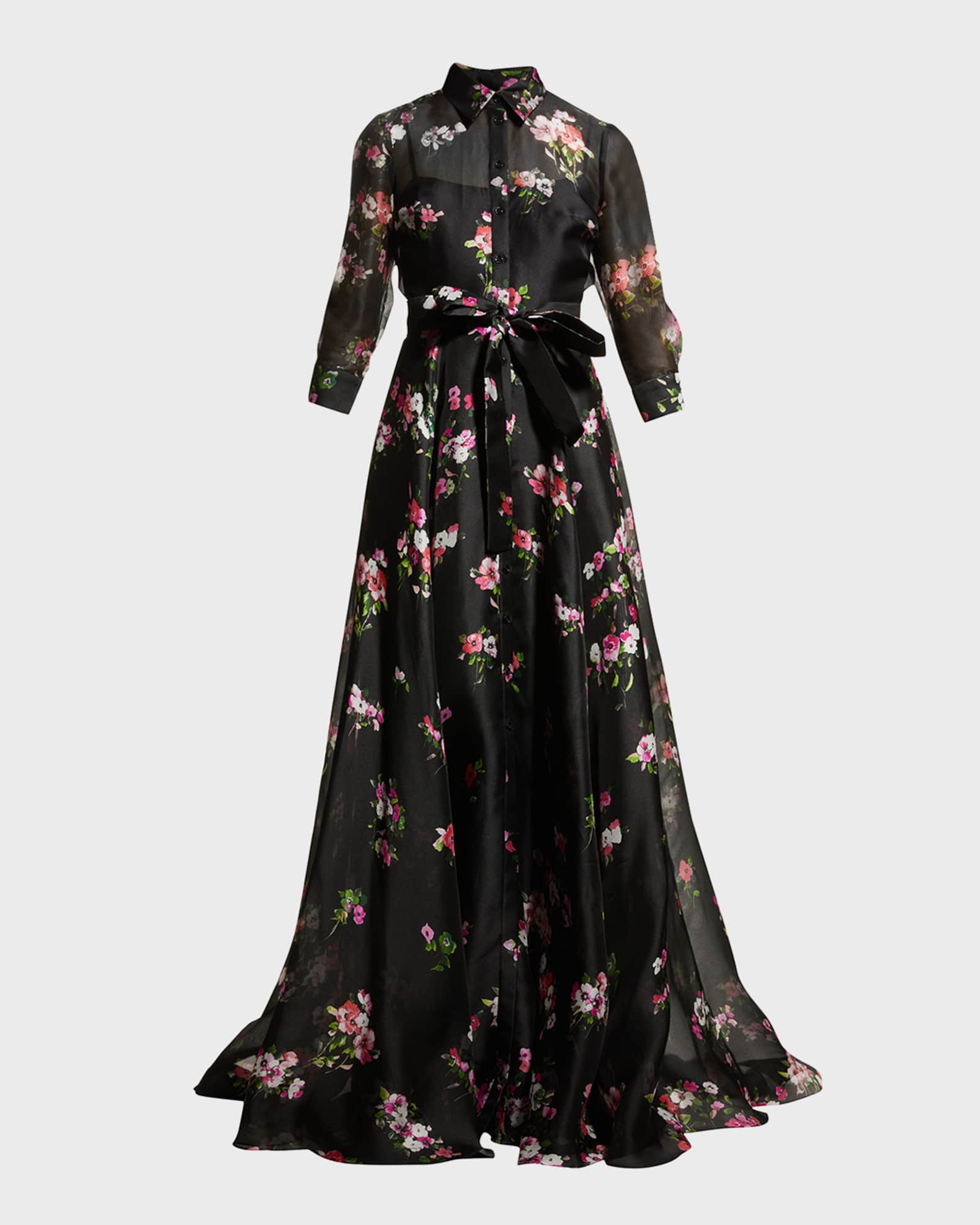Carolina Herrera Floral Belted Silk Collared Trench Gown | Neiman Marcus