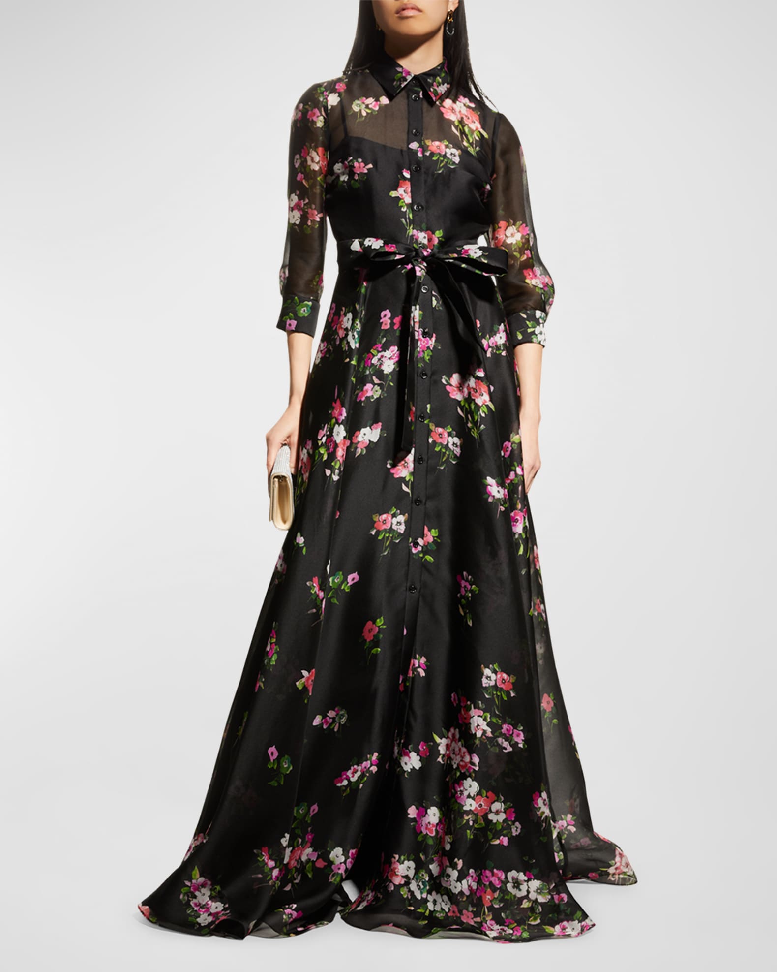 Carolina Herrera Floral Belted Silk Collared Trench Gown | Neiman Marcus