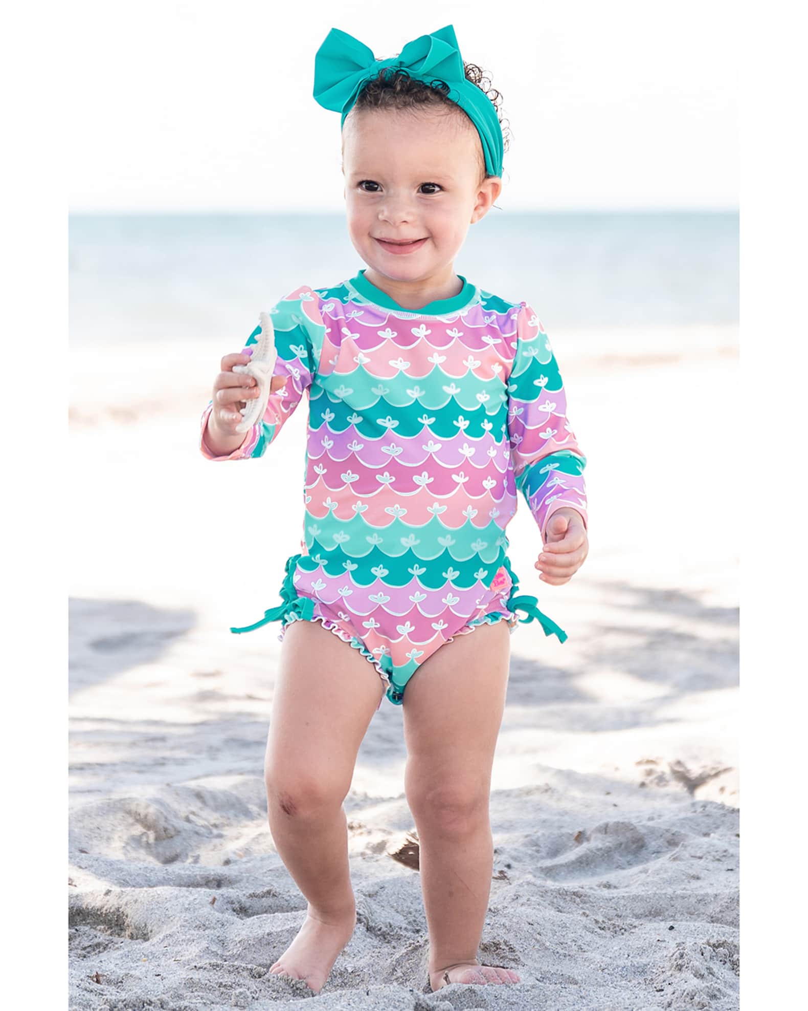 RuffleButts Girl's Mermaid One-Piece Rash Guard, Size Newborn-3T ...