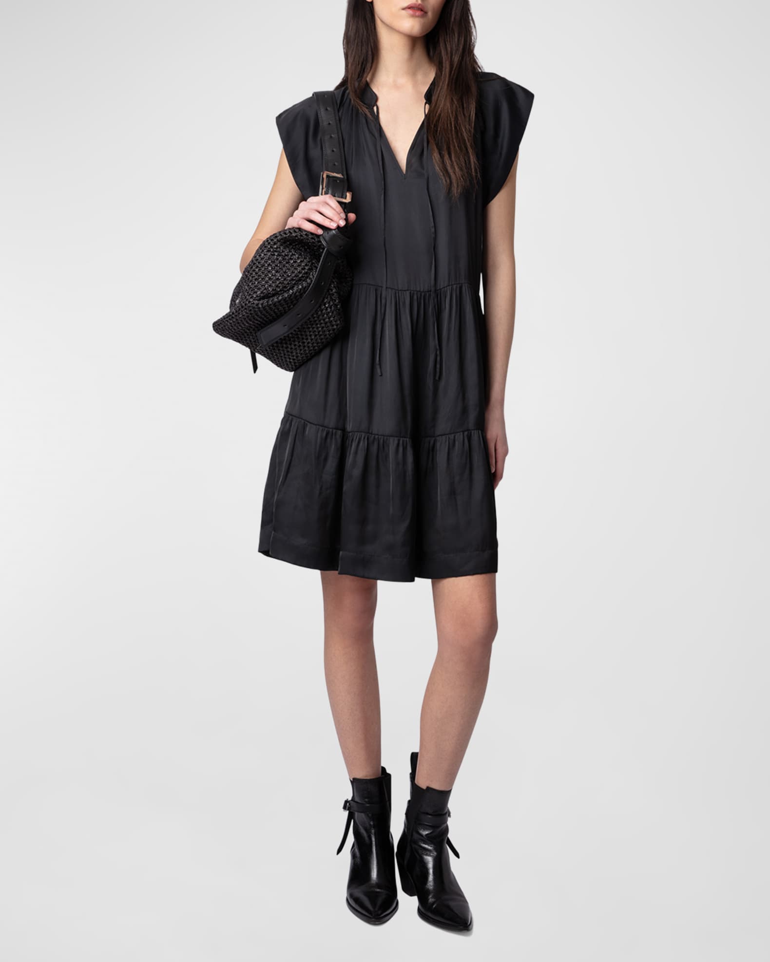 Zadig & Voltaire Rito Satin Self-Tie High Neck Tiered Mini Dress ...