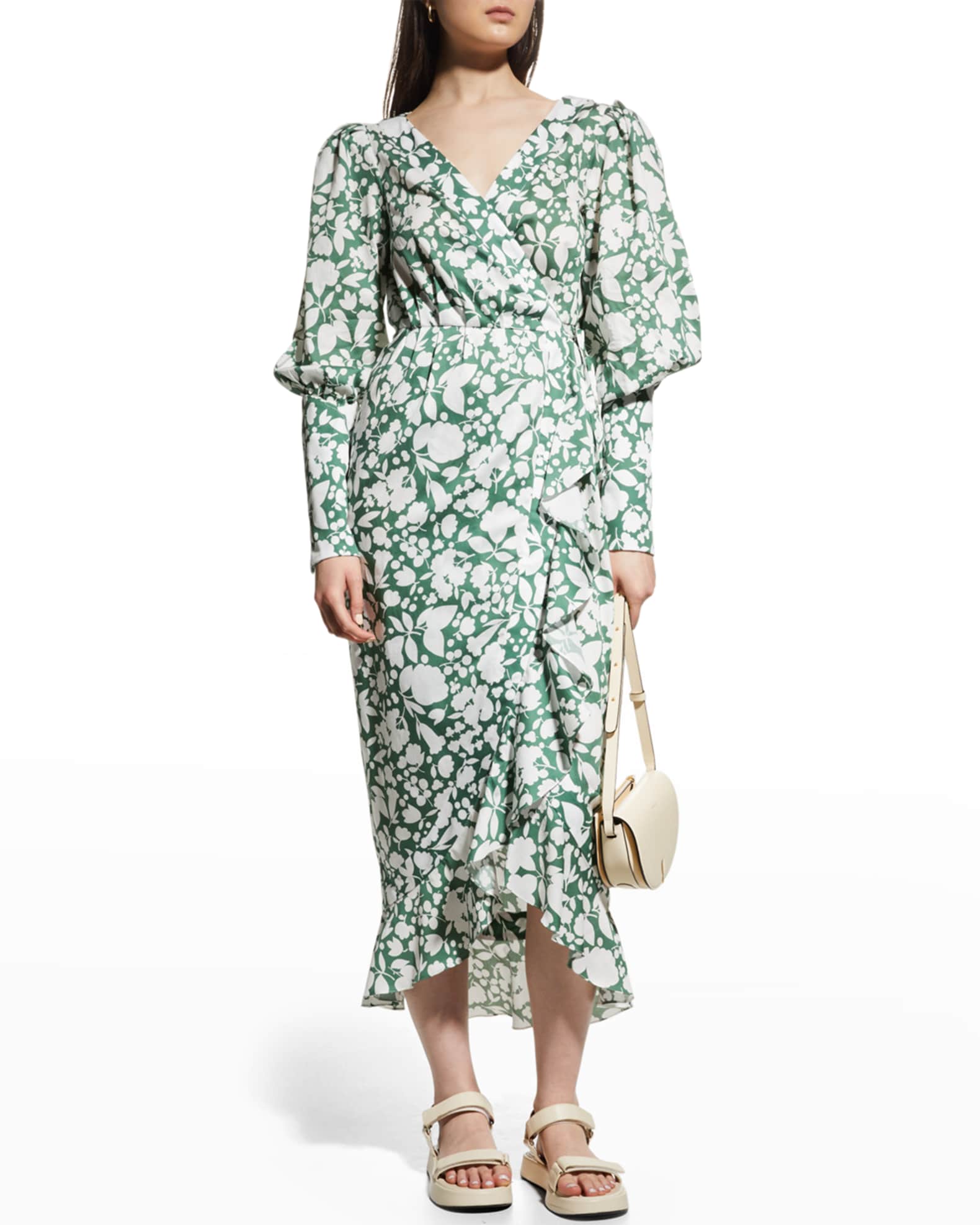 ARIAS New York Floral-Print Wrap Midi Dress w/ Ruffle | Neiman Marcus