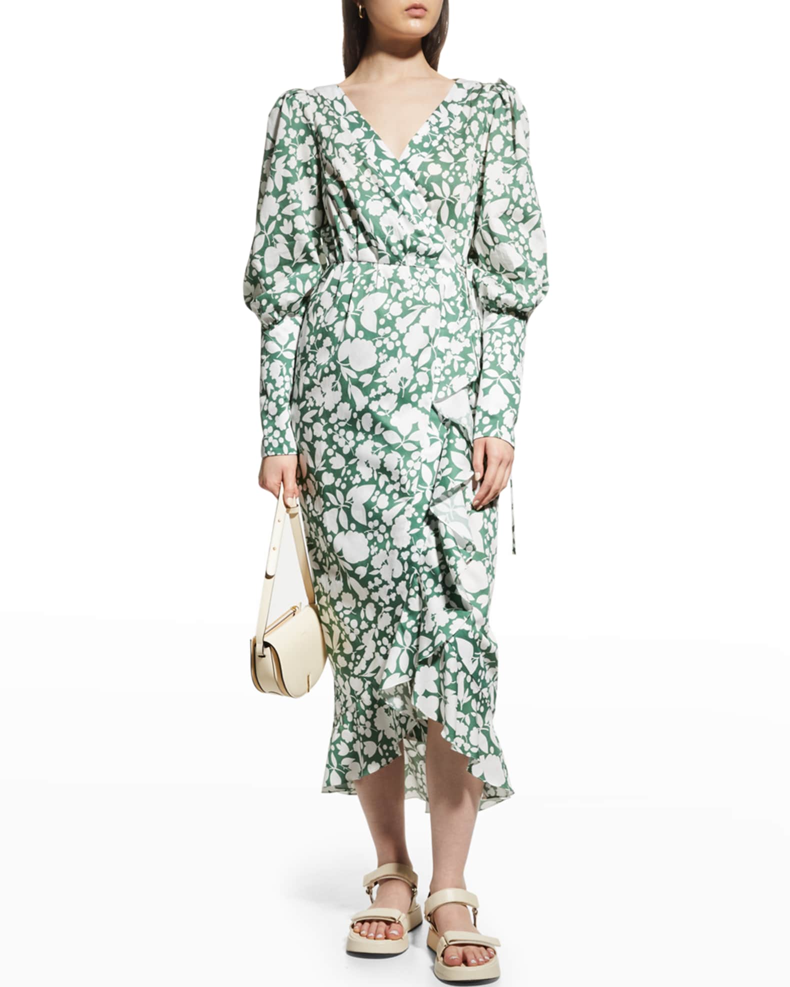 ARIAS New York Floral-Print Wrap Midi Dress w/ Ruffle | Neiman Marcus