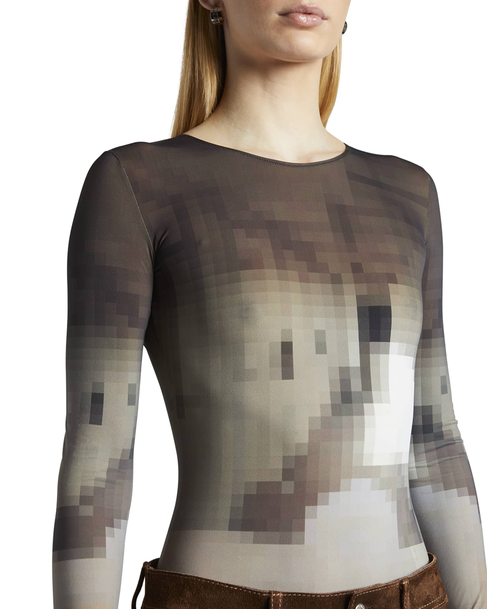 MM6 Maison Margiela Pixel Printed Long-Sleeve Bodysuit | Neiman Marcus