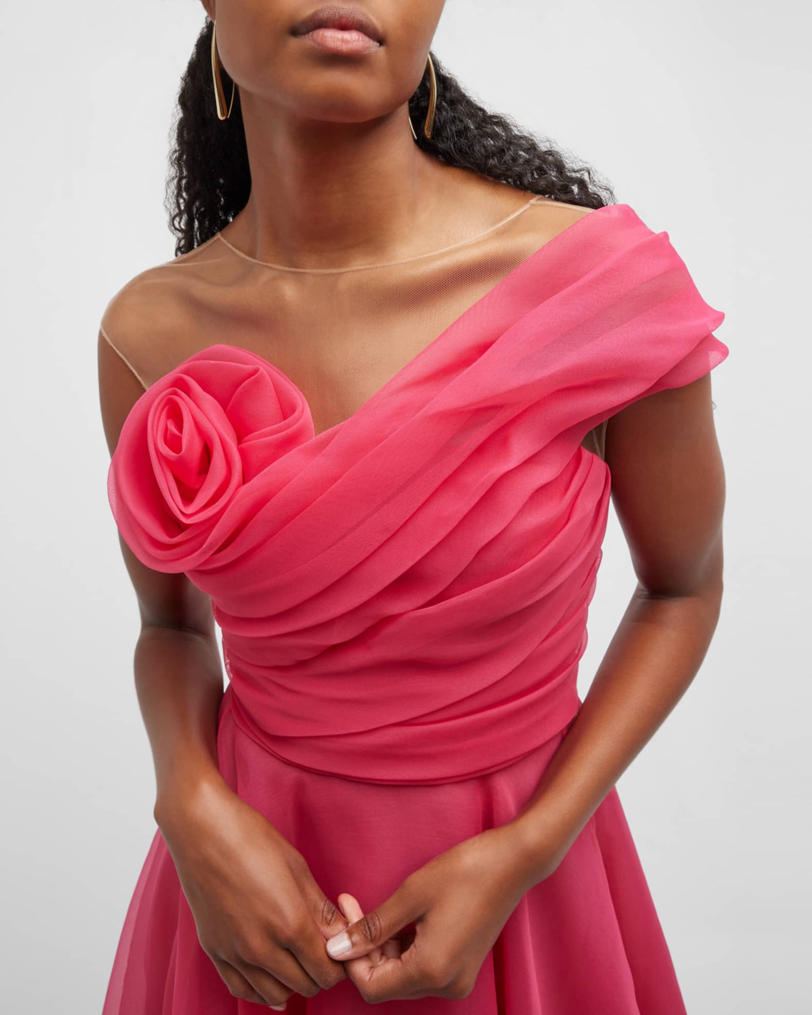Marchesa Rose Draped One-Shoulder Organza Gown | Neiman Marcus