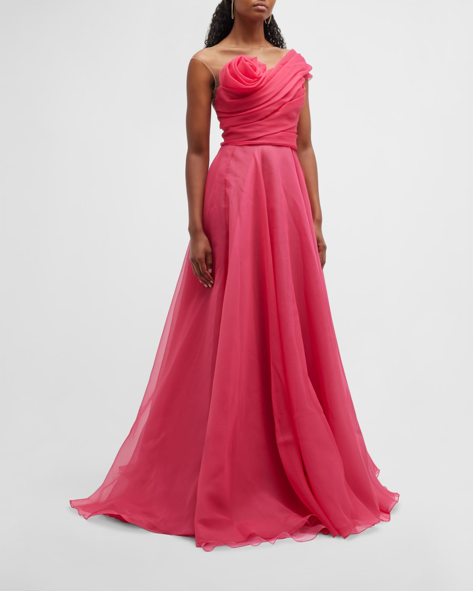 Marchesa Rose Draped One-Shoulder Organza Gown | Neiman Marcus