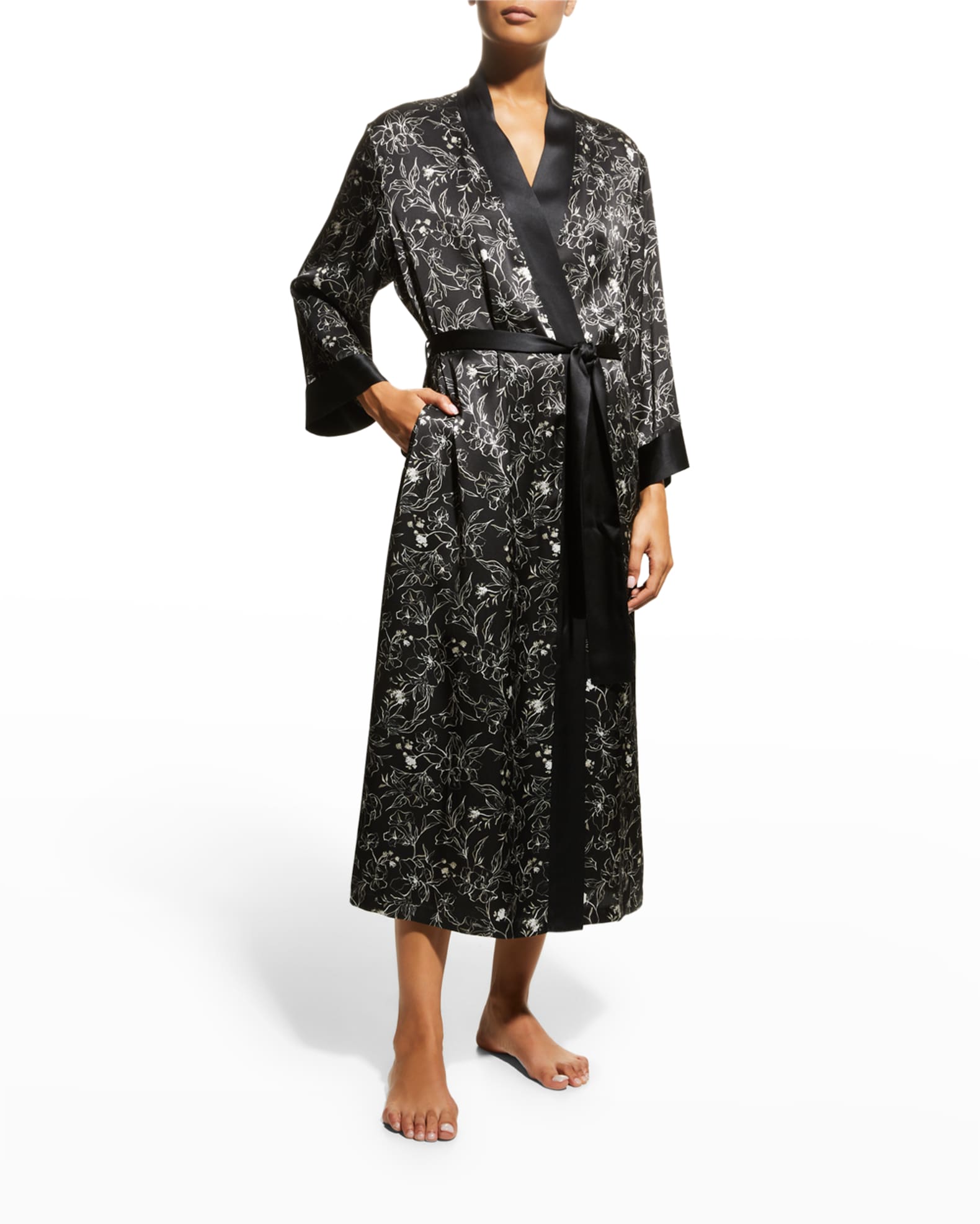 Neiman Marcus Long Floral-Print Silk Robe | Neiman Marcus