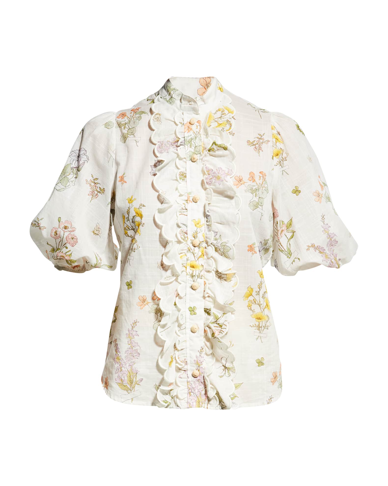 Zimmermann Jeannie Floral Button-Front Scalloped Puffed-Sleeve Blouse ...