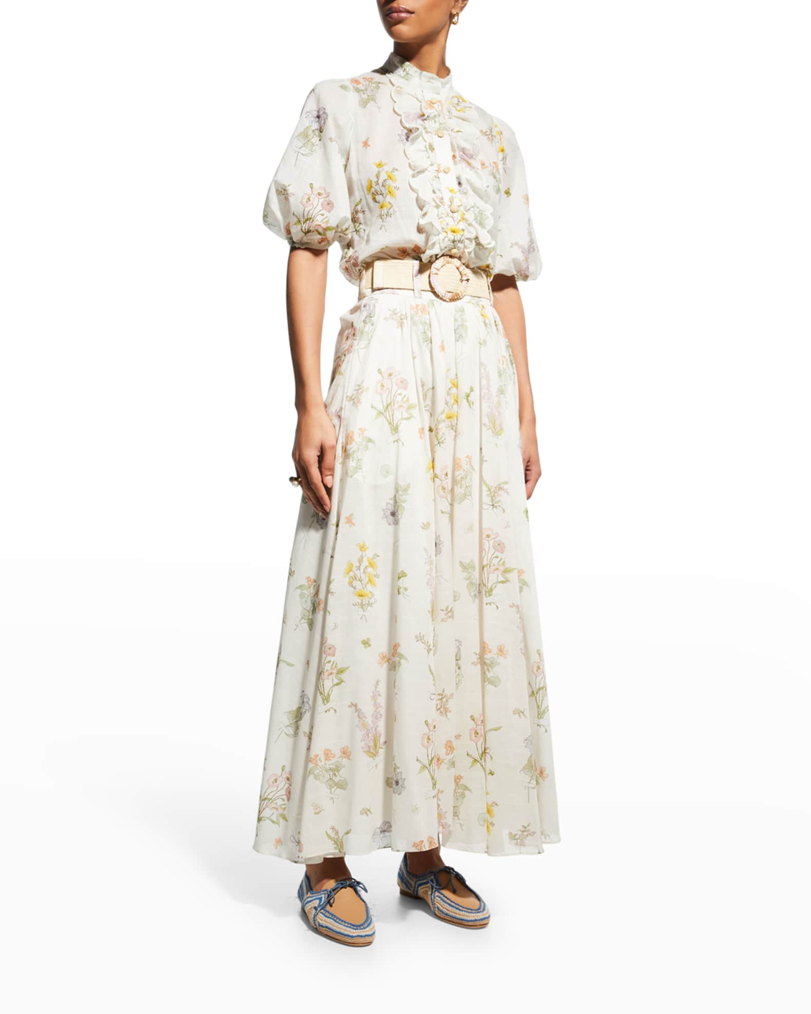 Zimmermann Jeannie Floral Button-Front Scalloped Puffed-Sleeve Blouse ...