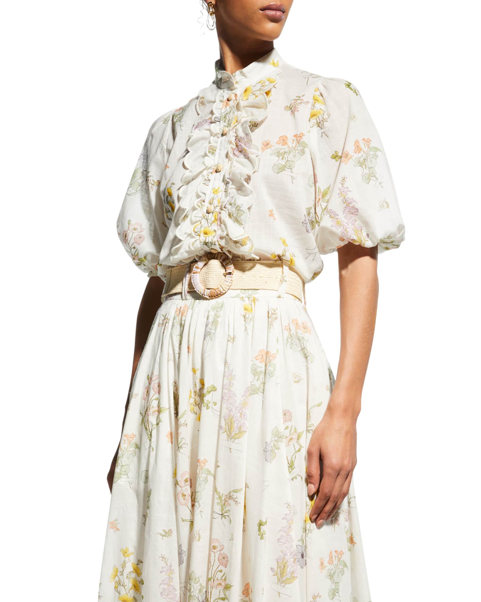 Zimmermann Jeannie Floral Button-Front Scalloped Puffed-Sleeve Blouse ...
