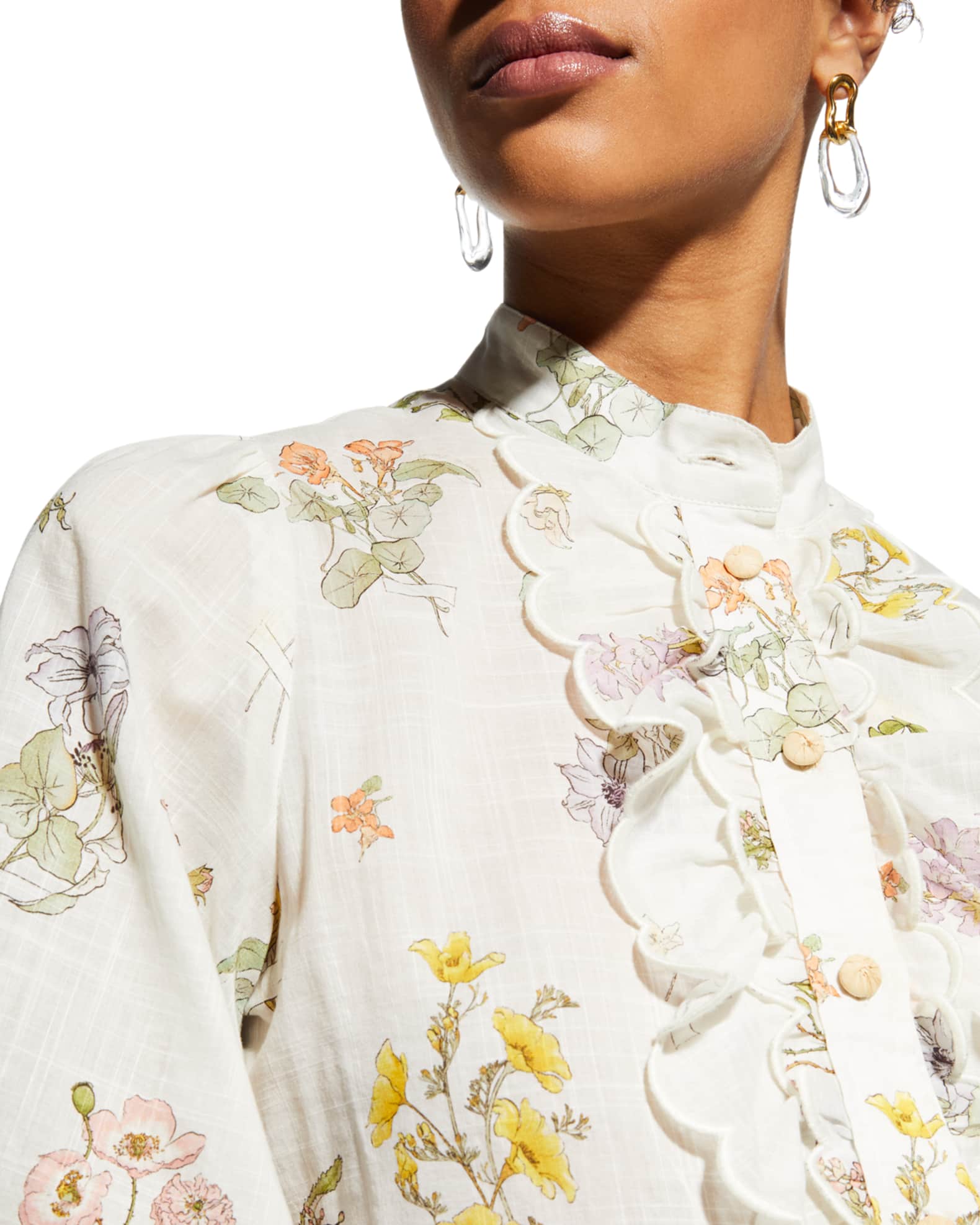 Zimmermann Jeannie Floral Button-Front Scalloped Puffed-Sleeve Blouse ...