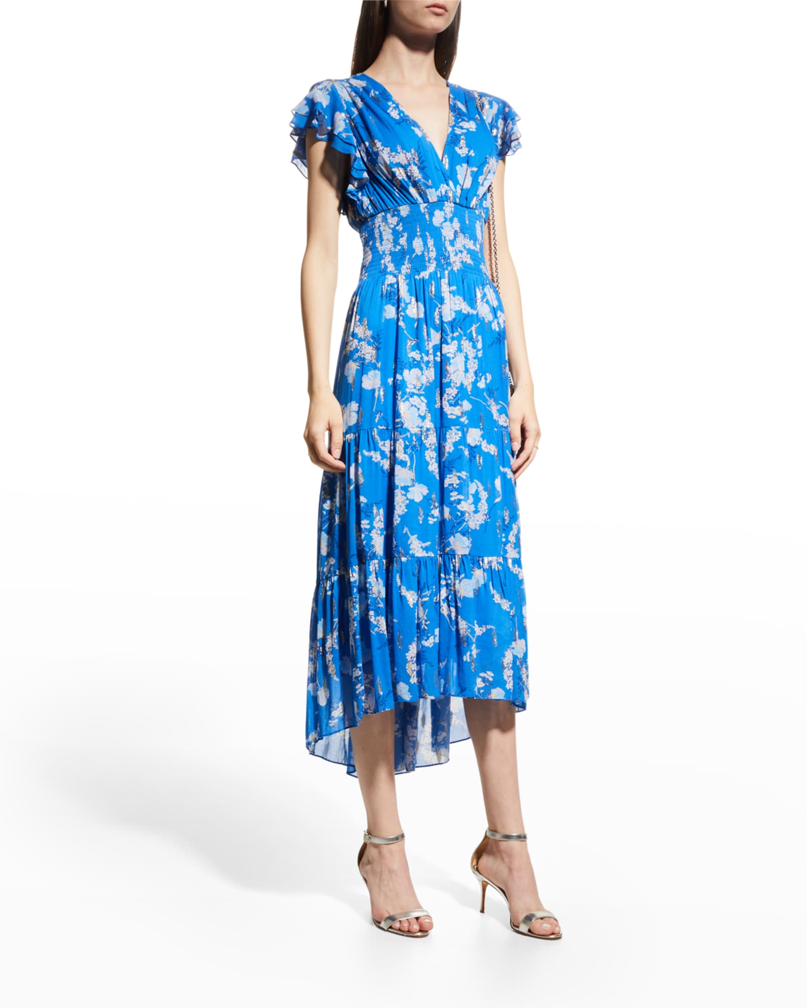 Shoshanna Neal Smocked Floral Print Midi Dress Neiman Marcus