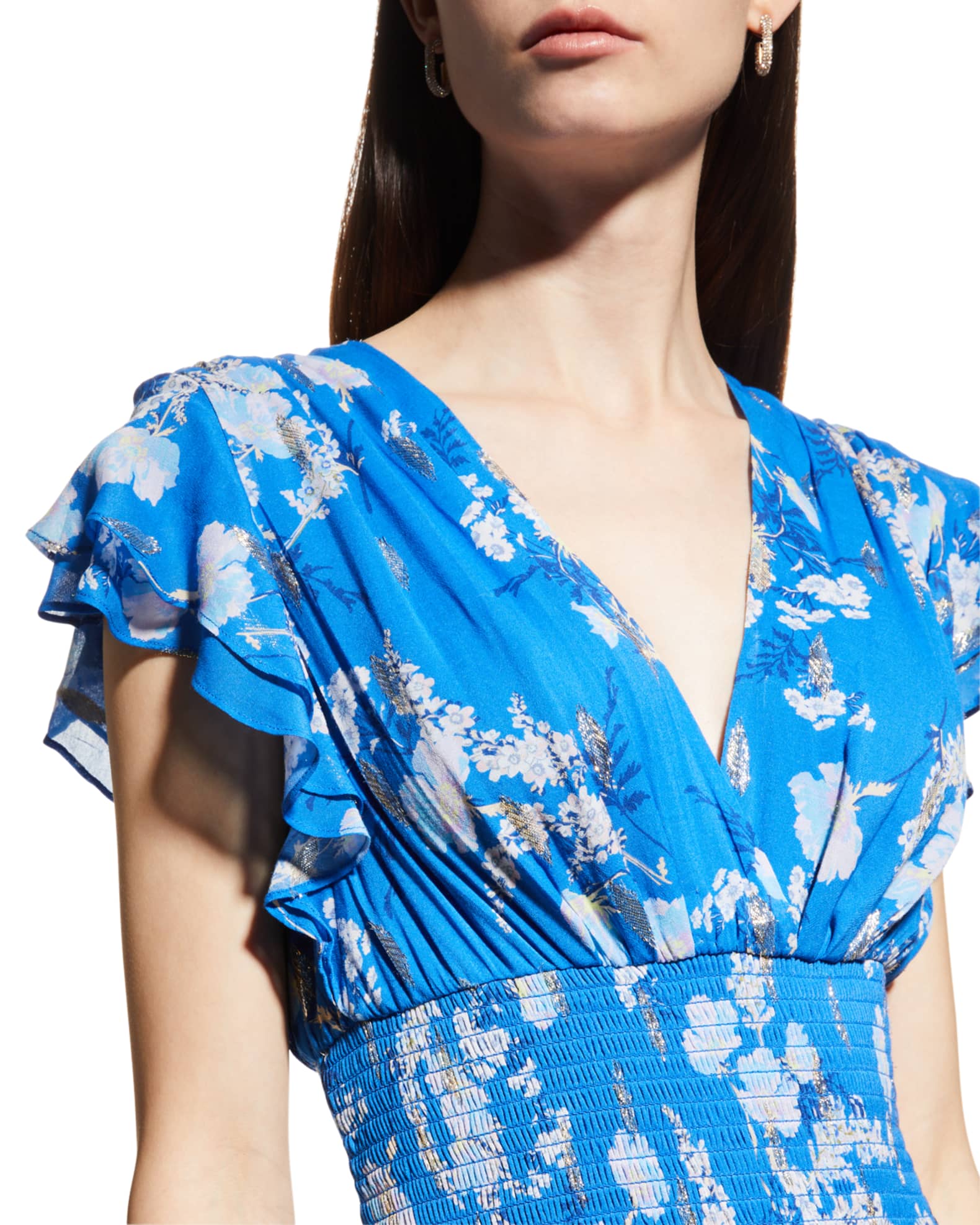 Shoshanna Neal Smocked Floral Print Midi Dress Neiman Marcus