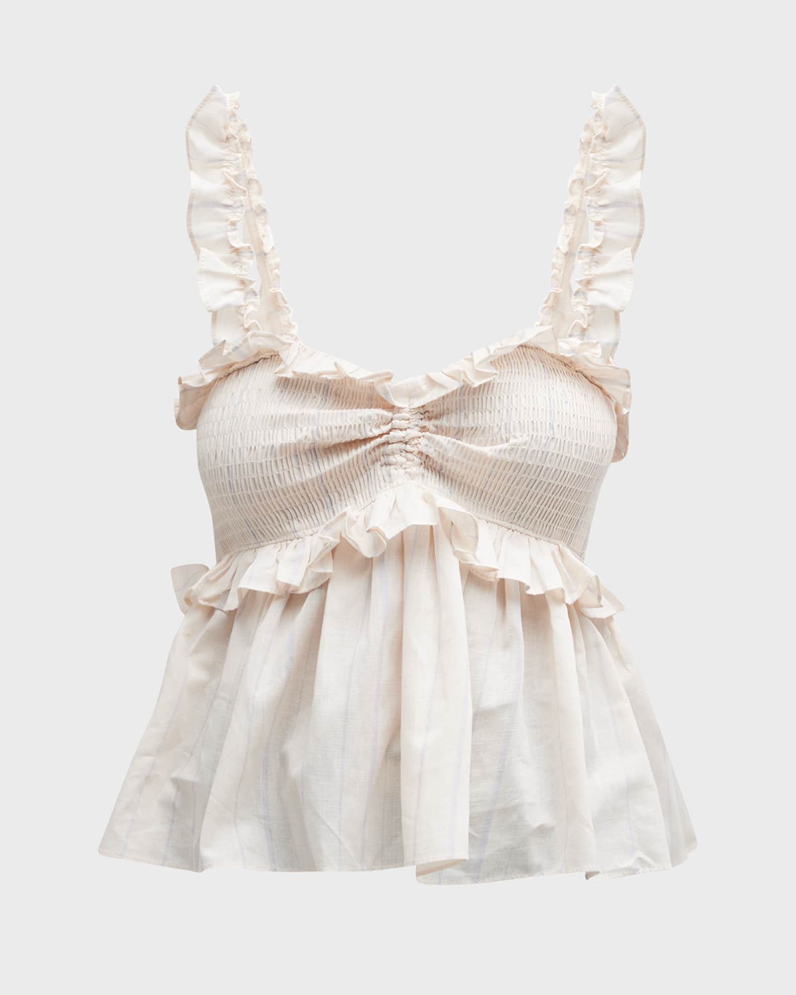 Lug Von Siga Valerie Striped Linen Ruffle Smocked Tank Top | Neiman Marcus