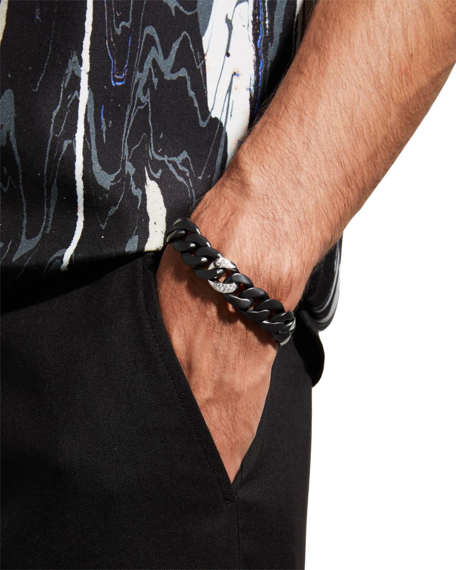 Roberto Demeglio Men's Matte Black Ceramic Link Bracelet with White Gold Diamond Pave Link ...