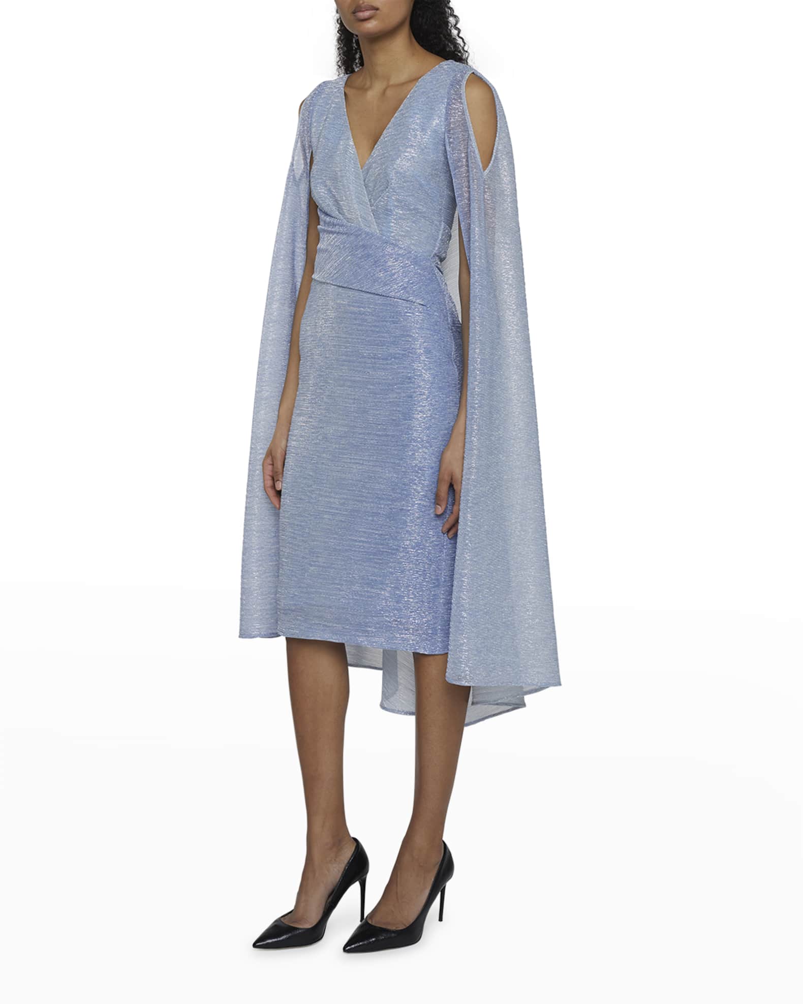 Talbot Runhof Metallic Cold-Shoulder Cape Midi Dress | Neiman Marcus