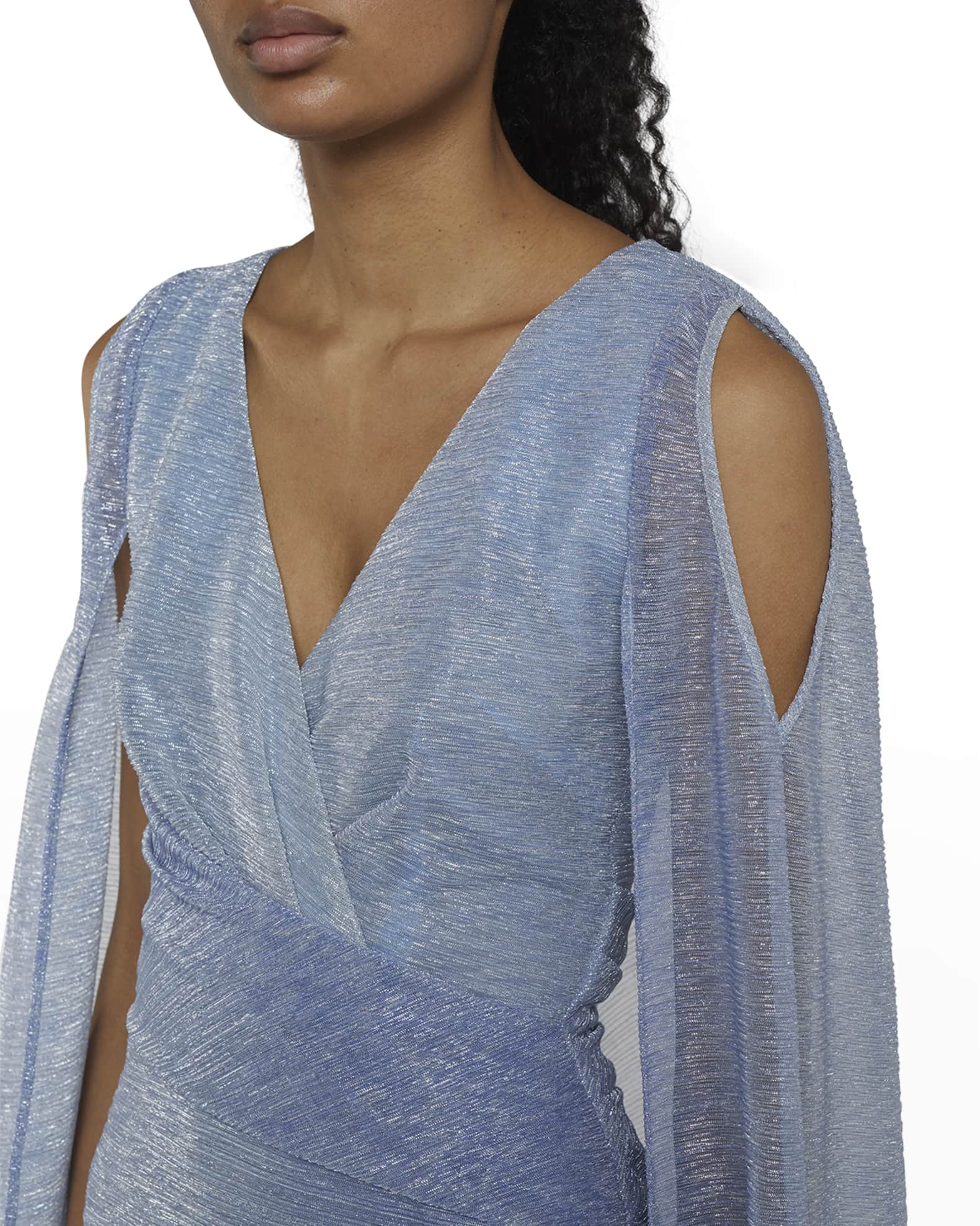 Talbot Runhof Metallic Cold-Shoulder Cape Midi Dress | Neiman Marcus
