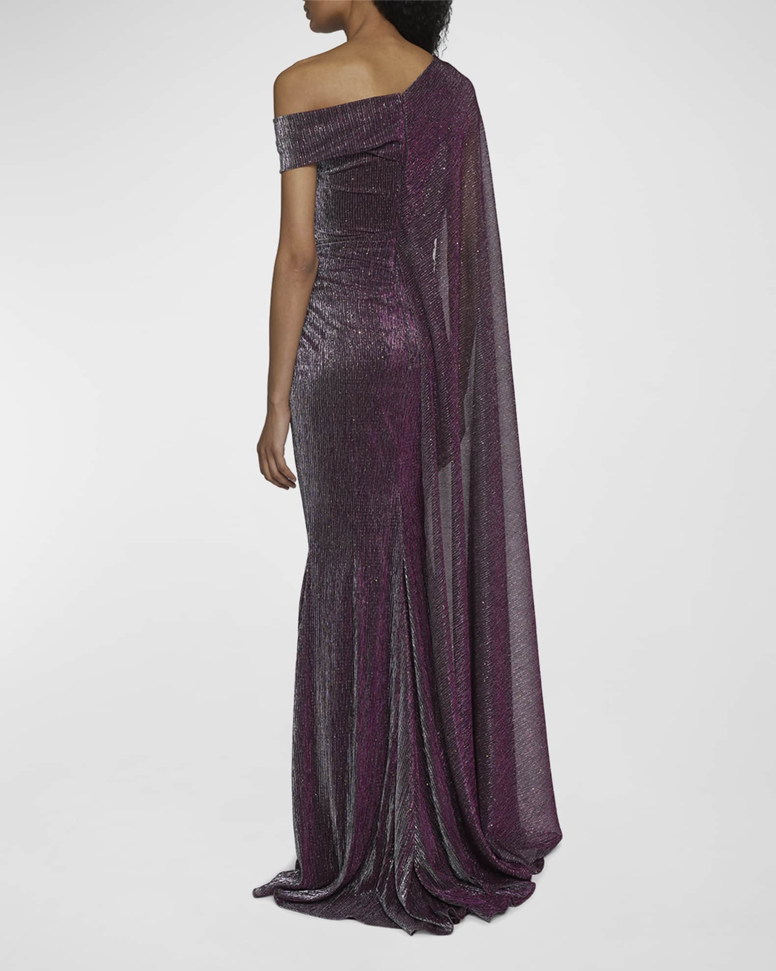 Talbot Runhof One-Shoulder Metallic Voile Cape Gown | Neiman Marcus
