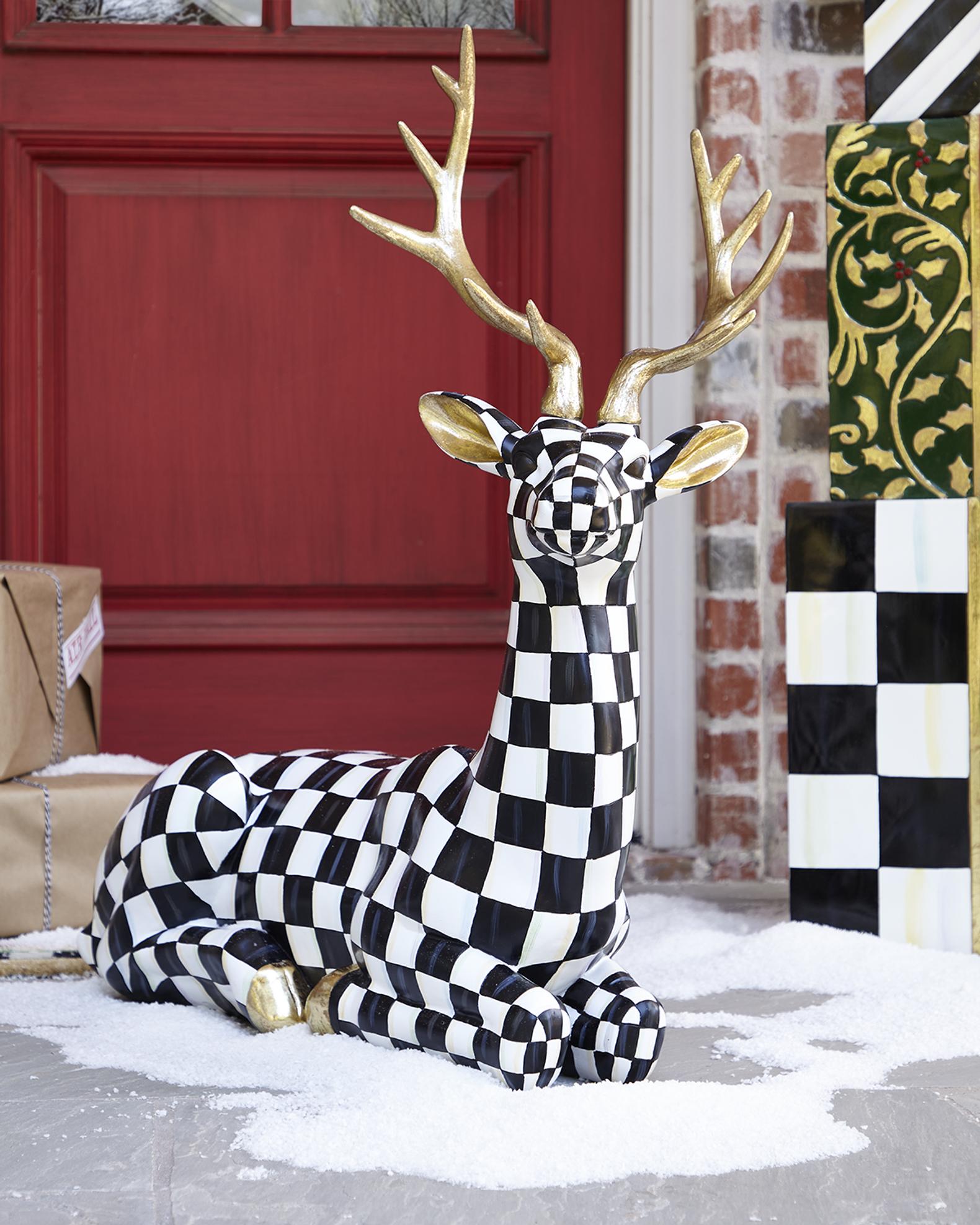 MacKenzie-Childs 34" Courtly Check Outdoor Resting Deer | Neiman Marcus