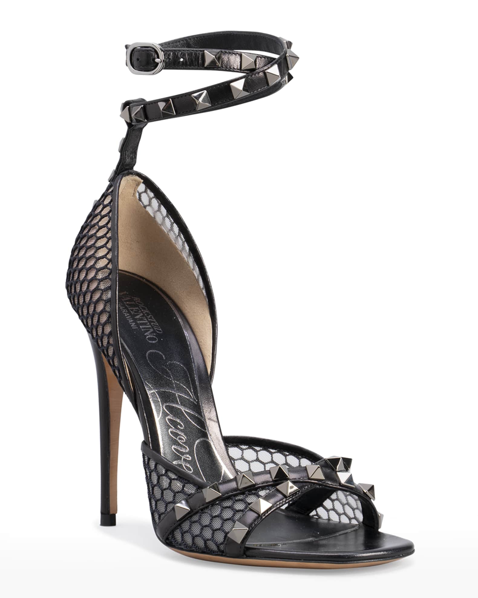Valentino Garavani Rockstud Fishnet Ankle-Wrap Stiletto Sandals ...