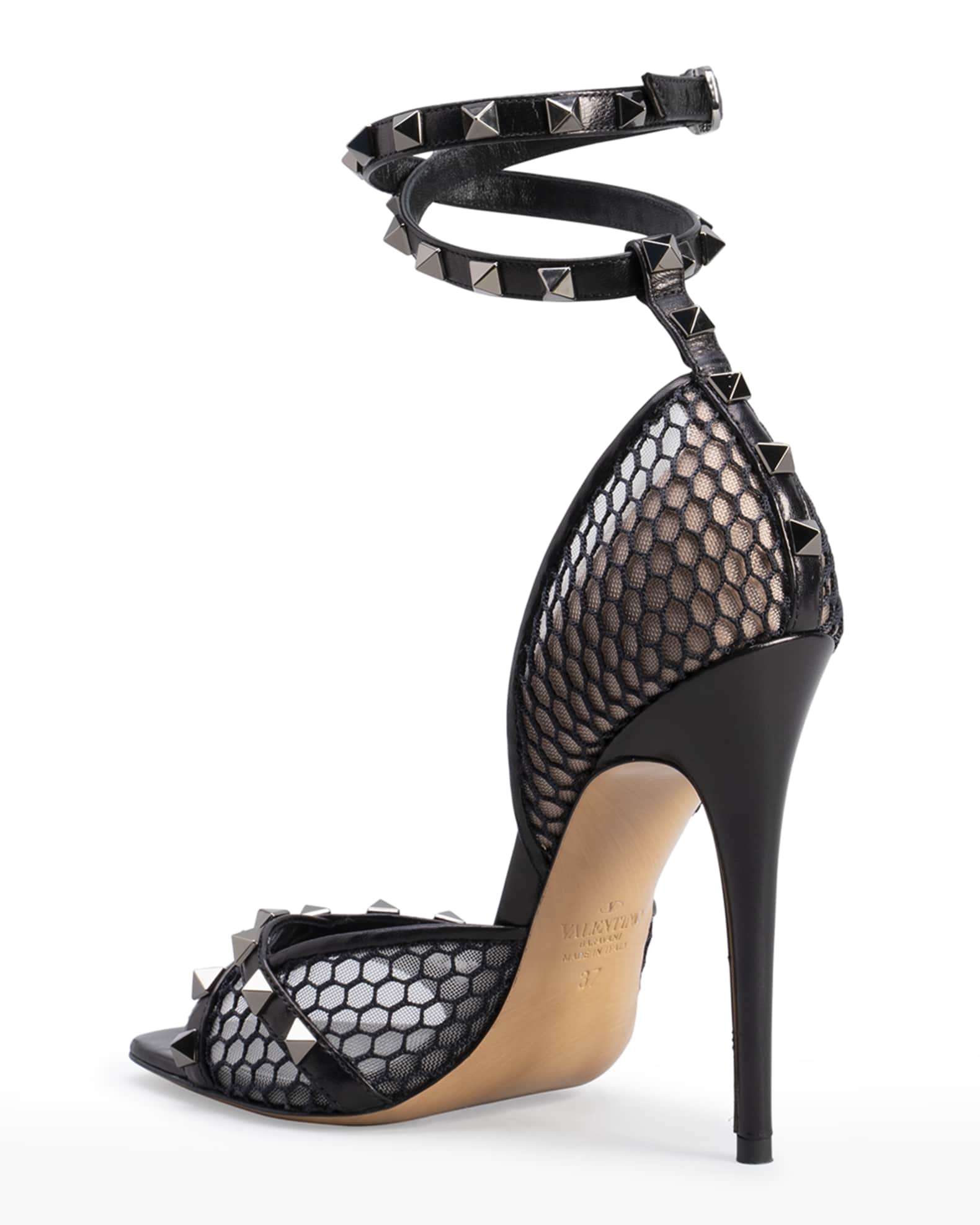 Valentino Garavani Rockstud Fishnet Ankle-Wrap Stiletto Sandals ...